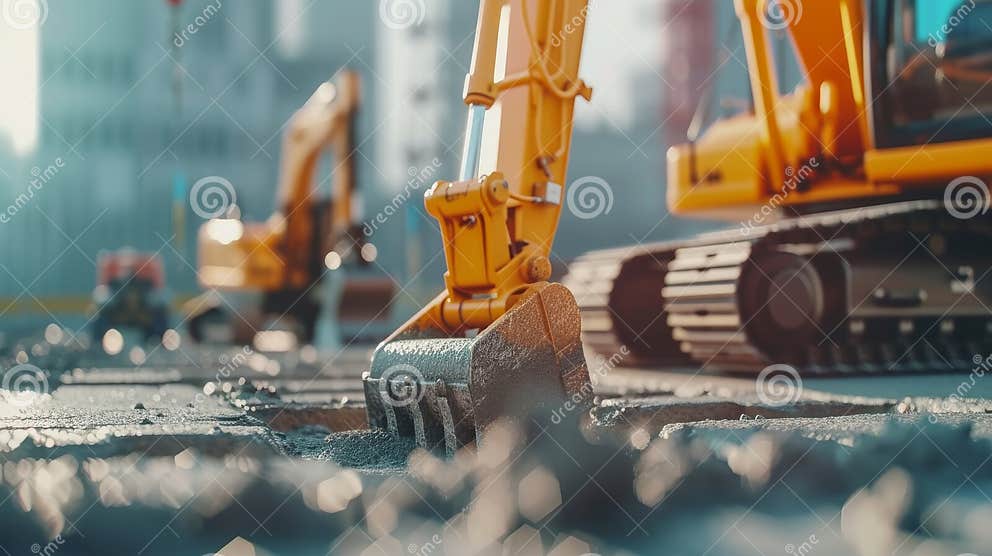 Excavators Working on a Construction Site in a Cityscape Stock Photo ...