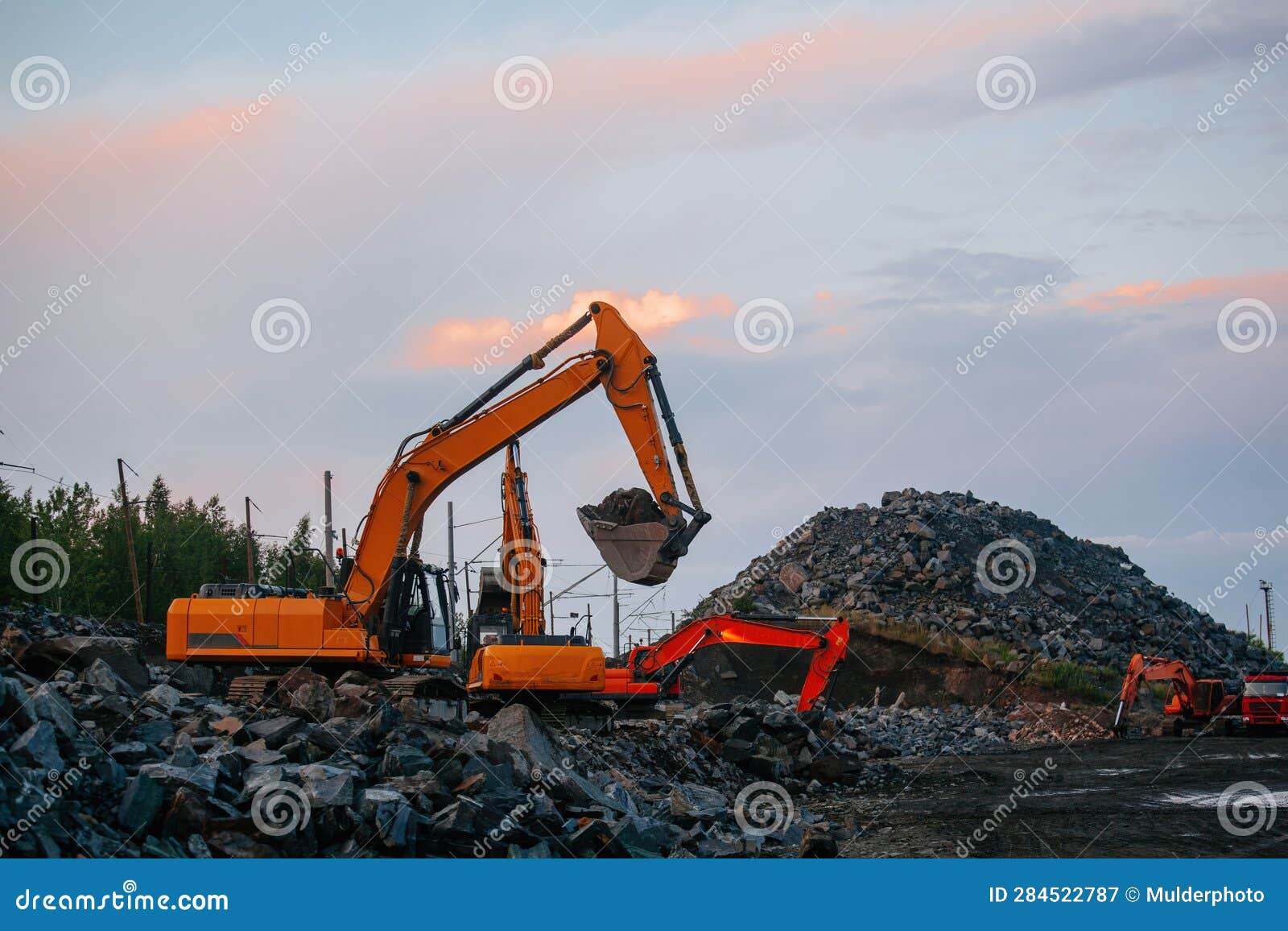 Excavators Working on Earthmoving at Open Pit Mine in Mining and ...