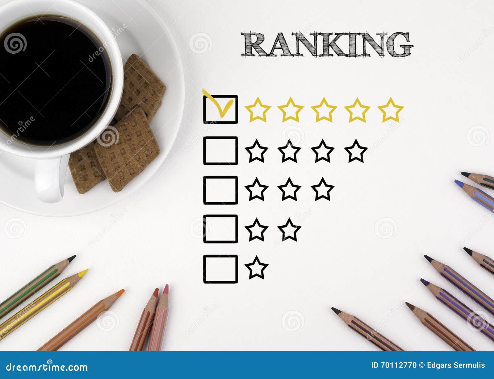 Excellent Ranking. White Desk with a Pencil and a Cup of Coffee. Stock ...