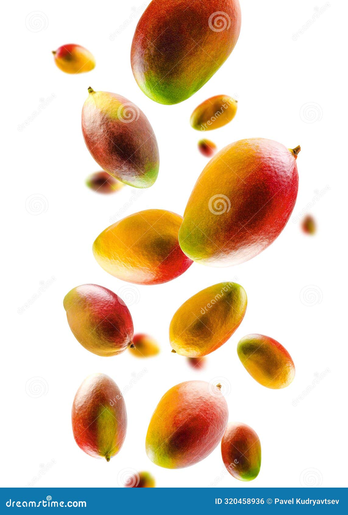 Excellently Retouched Whole Mangoes Fall In Space. Volumetric Back ...