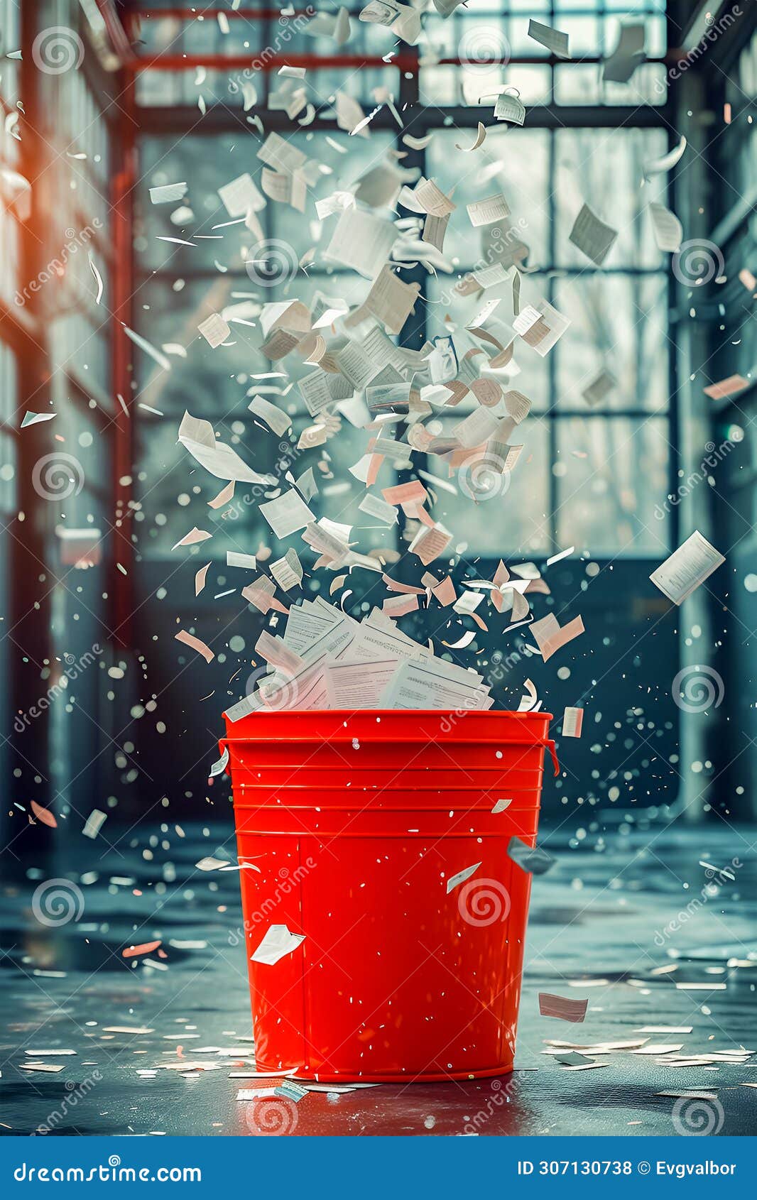 Excessive Use of Paper in the Office. a Trash Can with Paper Flying in ...