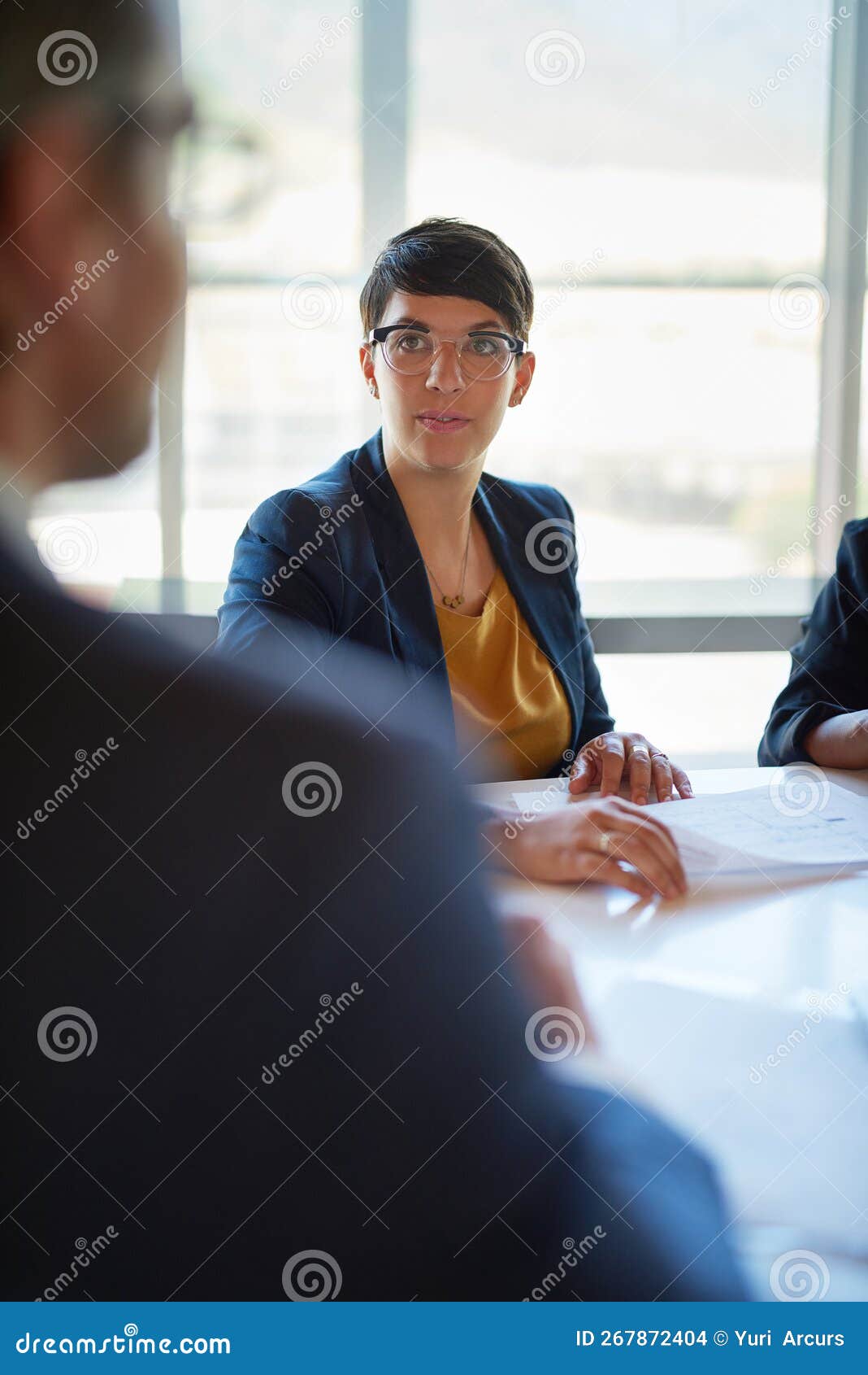 Exchanging Information. Three Corporate Businesspeople Working in the ...