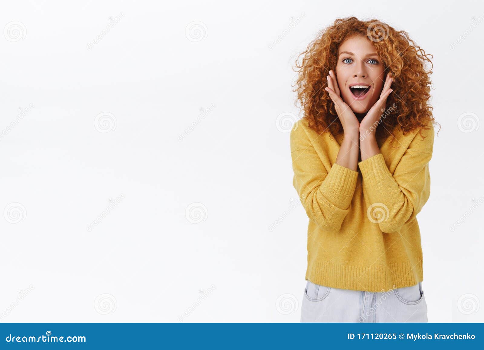 Excited Amused Good Looking Caucasian Redhead Woman With Curly Hair