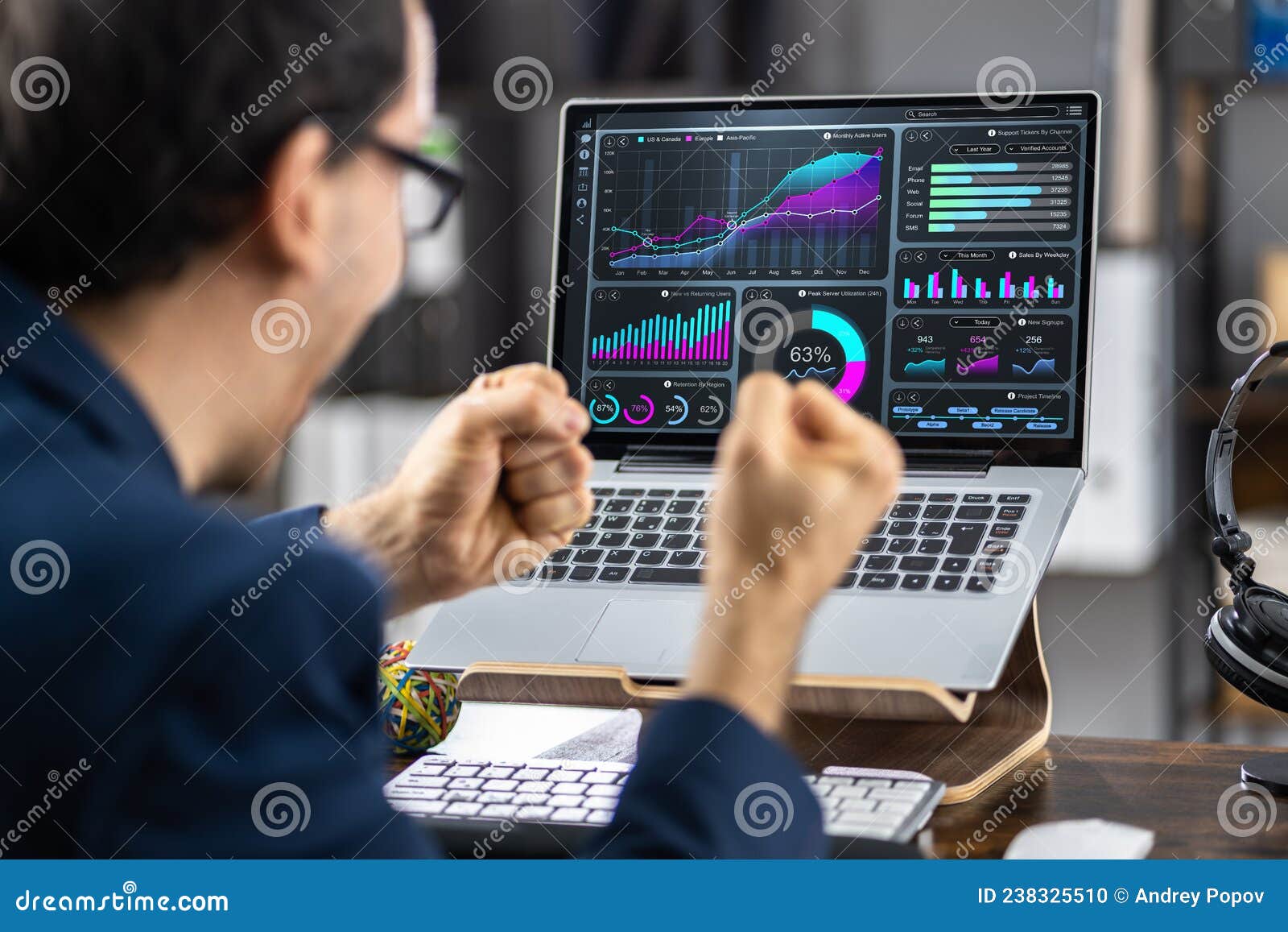 Excited Analyst Celebrating KPI Analytics Dashboard Growth Stock Photo ...