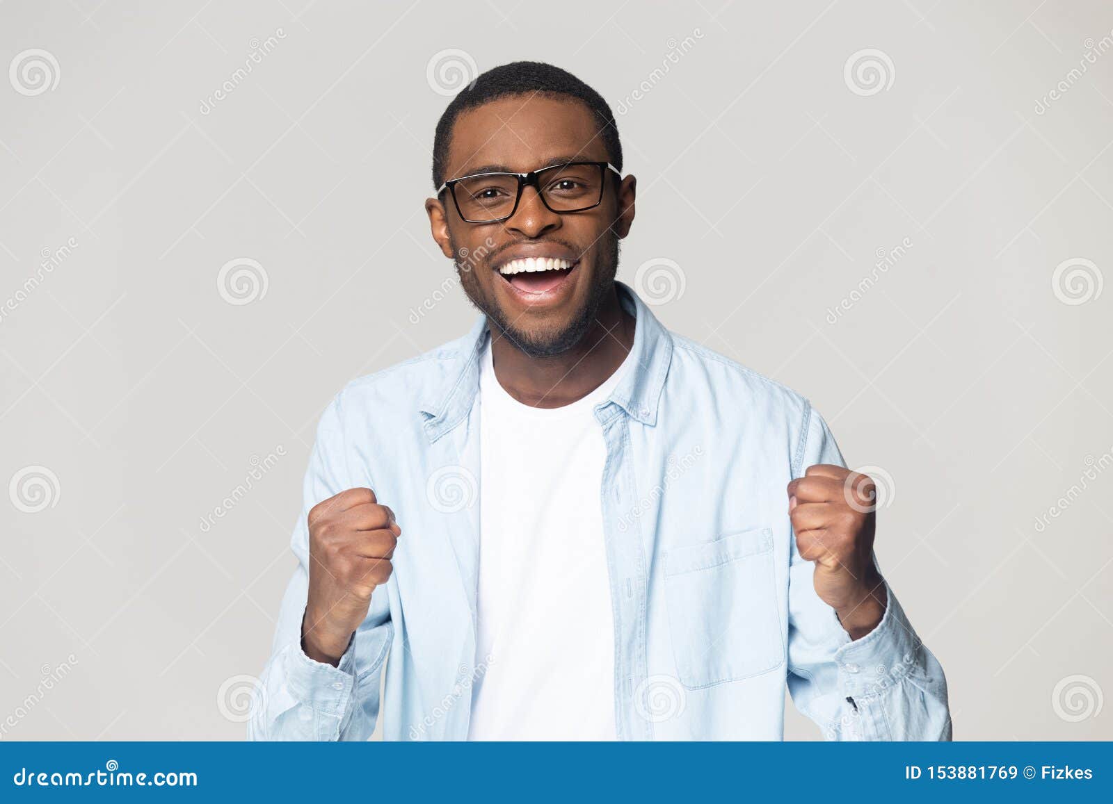 Excited Black Male In Glasses Feel Overjoyed With News Stock Image
