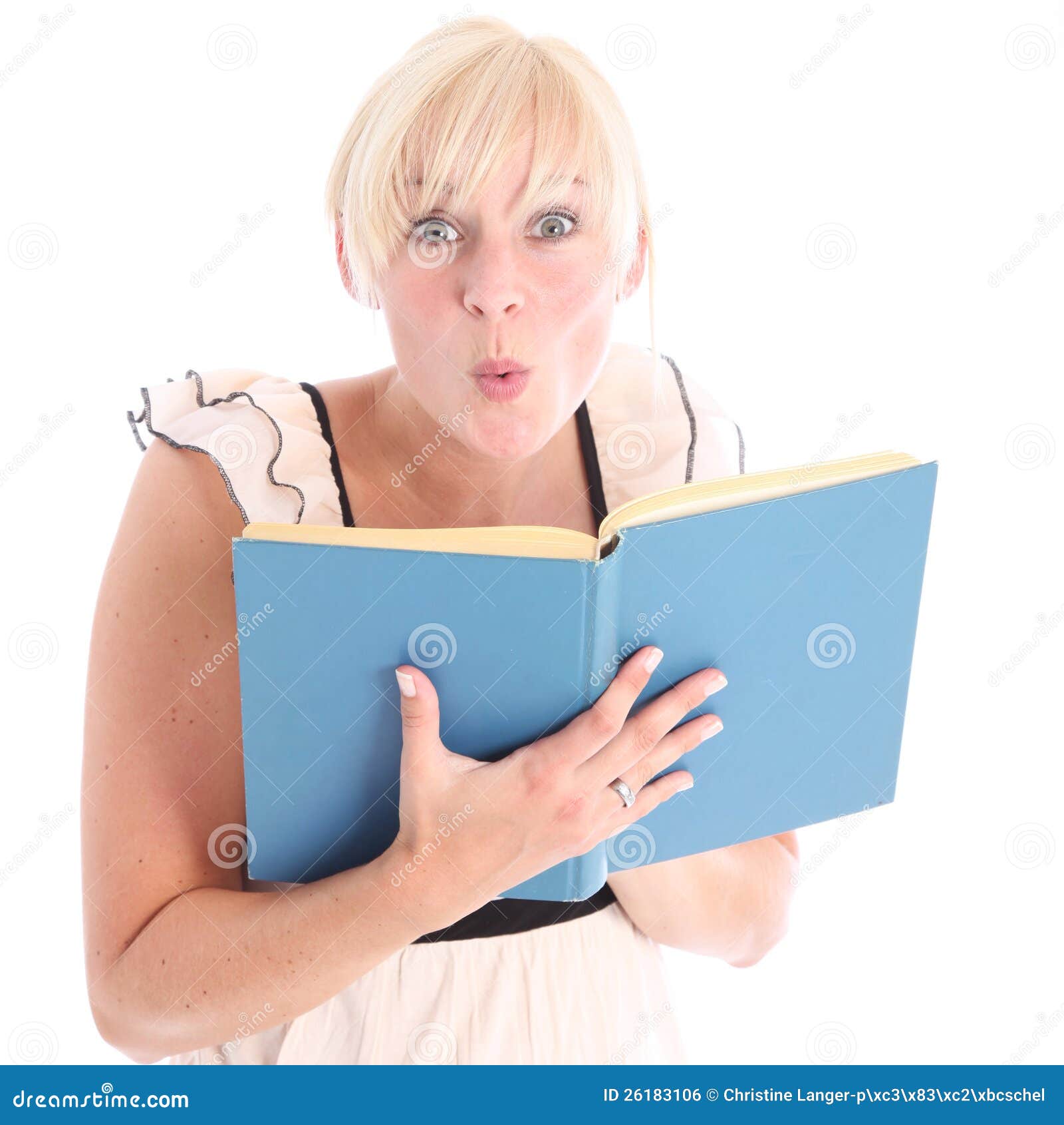 Excited Blonde Woman Reading a Book Stock Photo - Image of female, blue ...