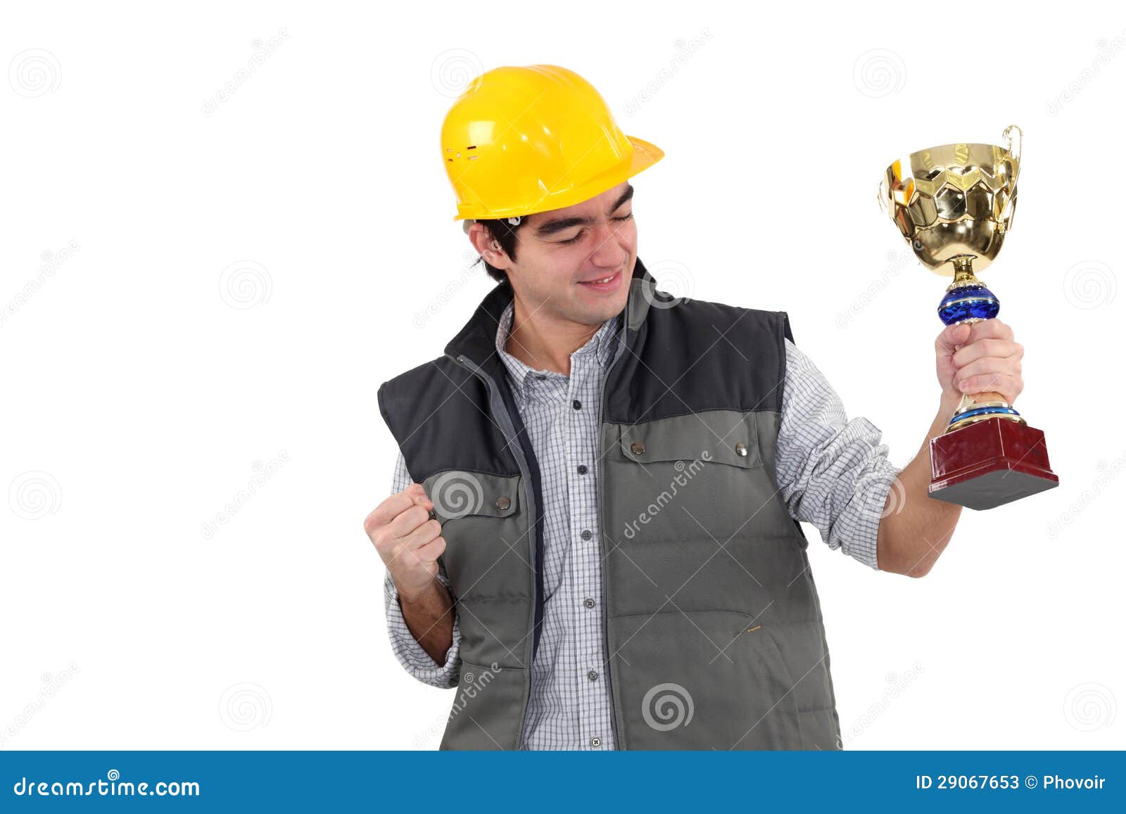 Excited Builder Holding Trophy Stock Image - Image of designer ...