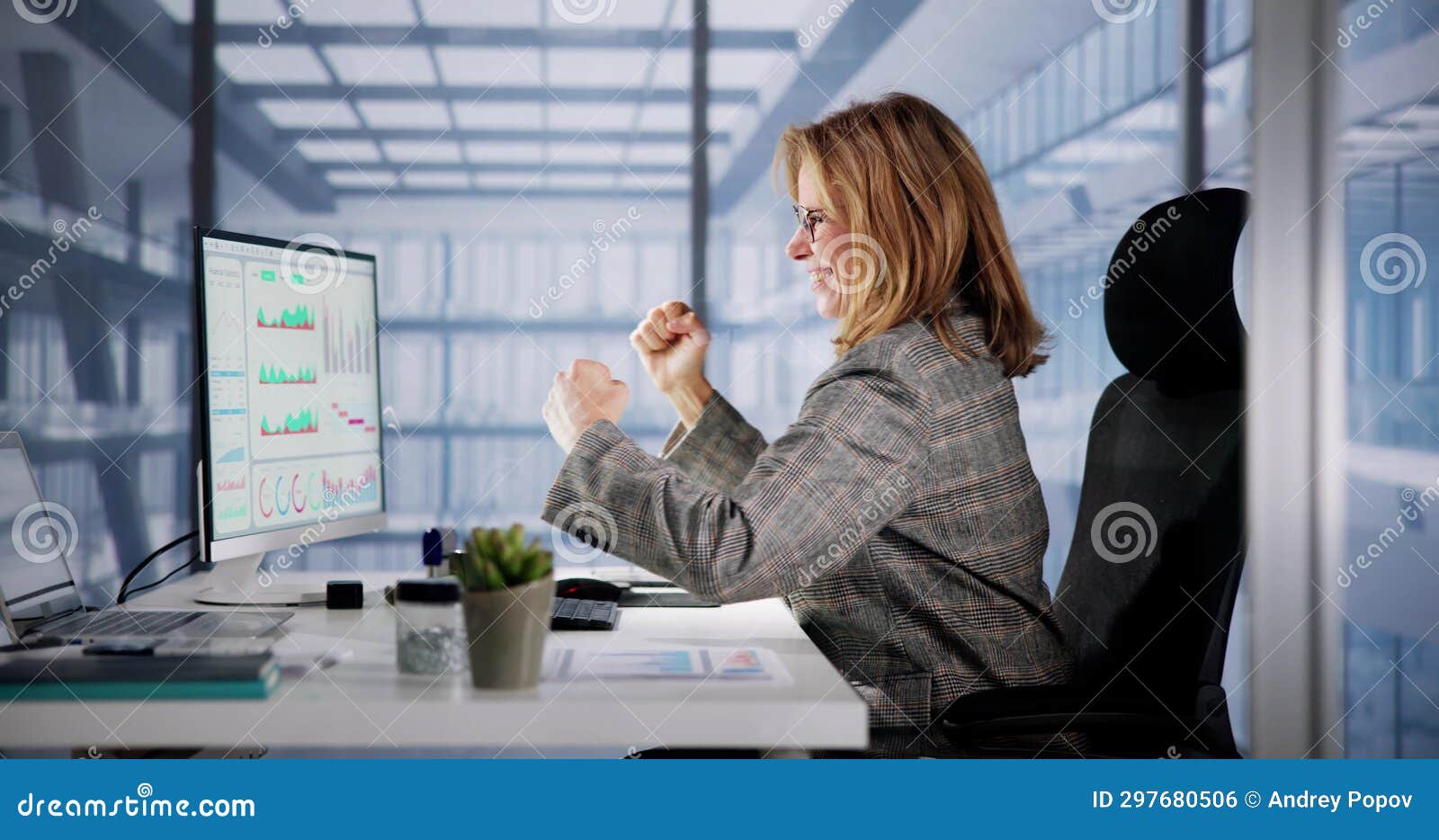 Excited Business Analyst Using Computer Data Stock Photo - Image of ...
