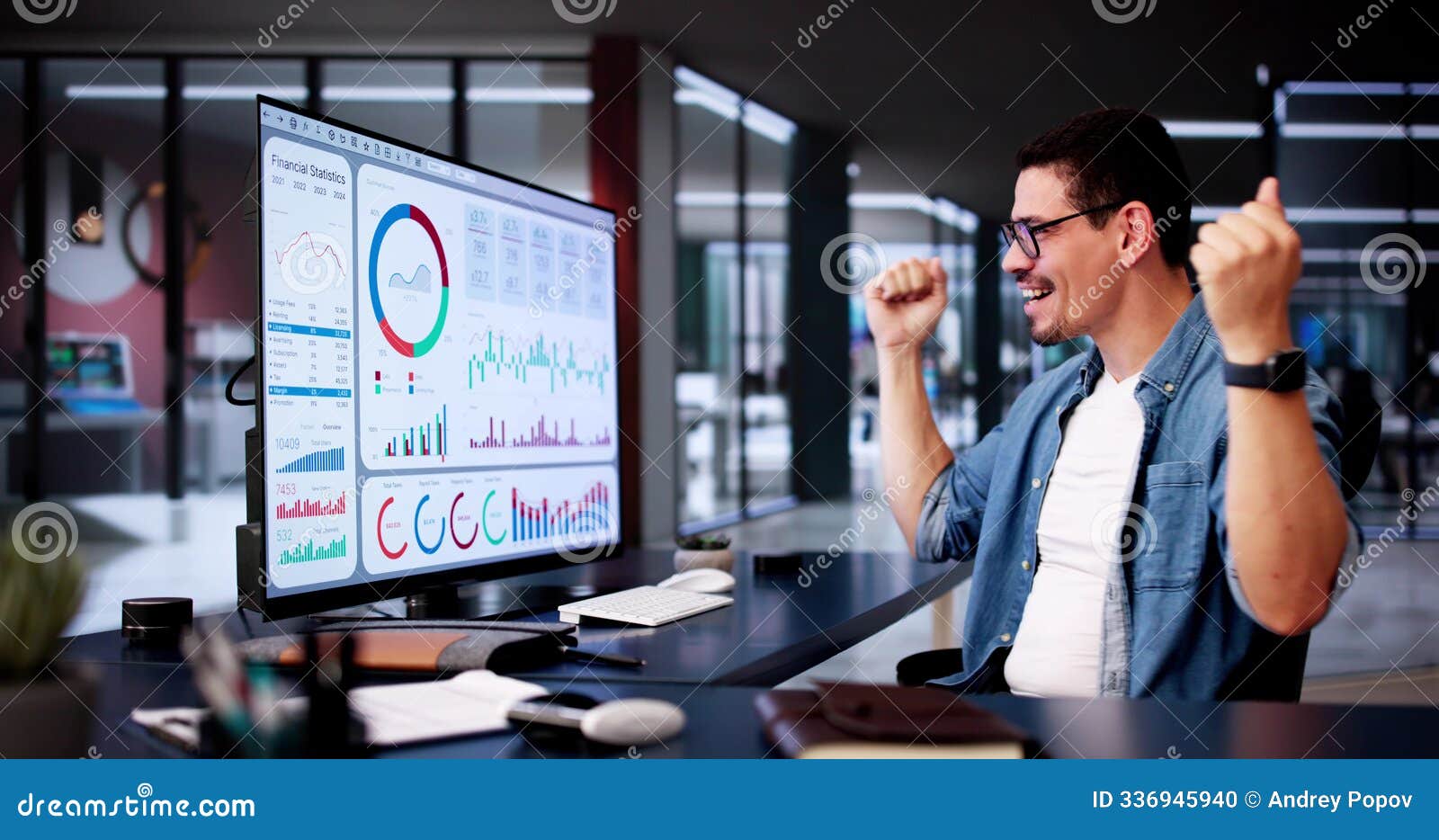 Excited Business Analyst Using Data Dashboard on Computer Stock Photo ...