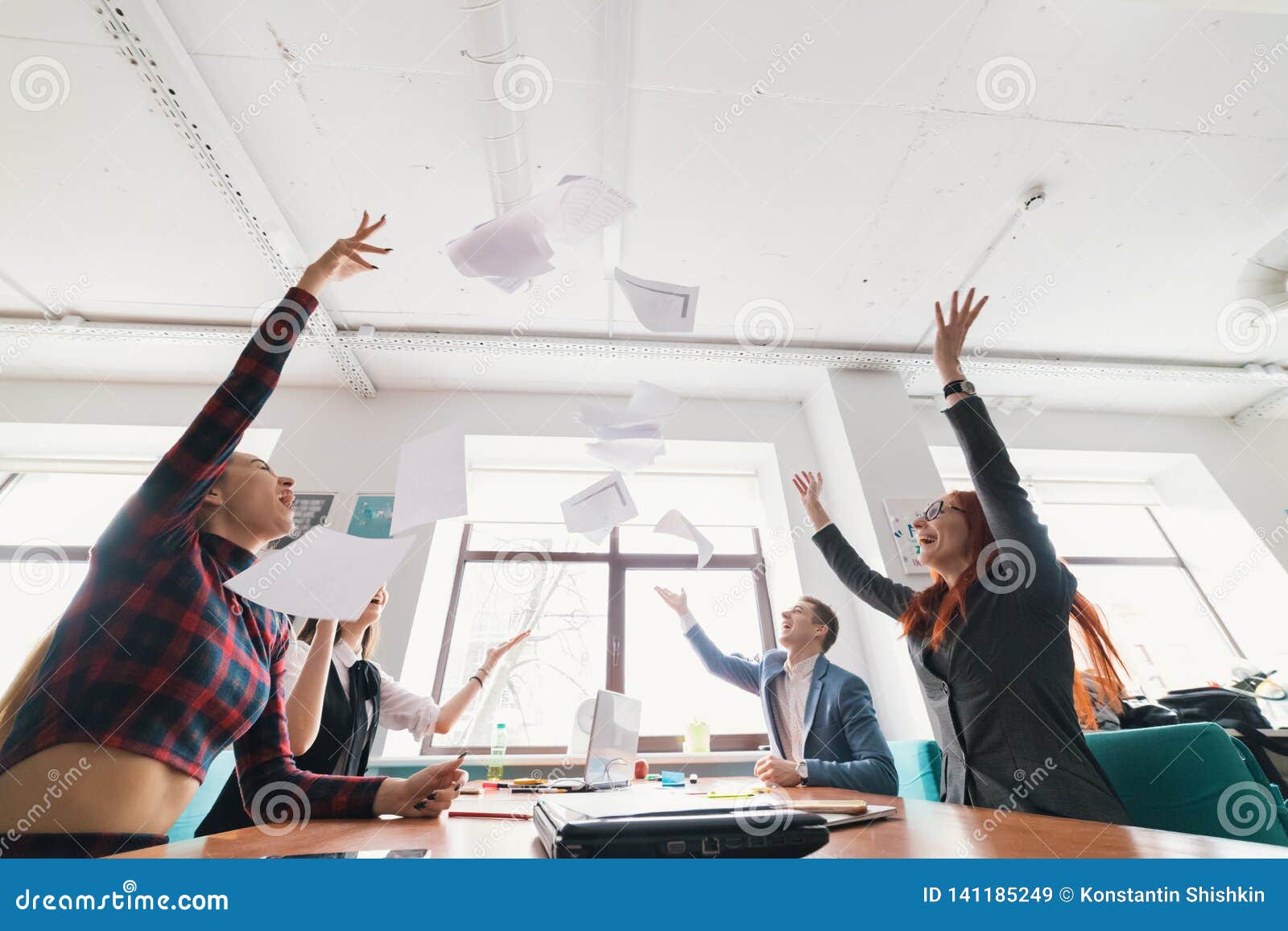 Excited Business People Throwing Papers, Documents Fly in Air Stock ...