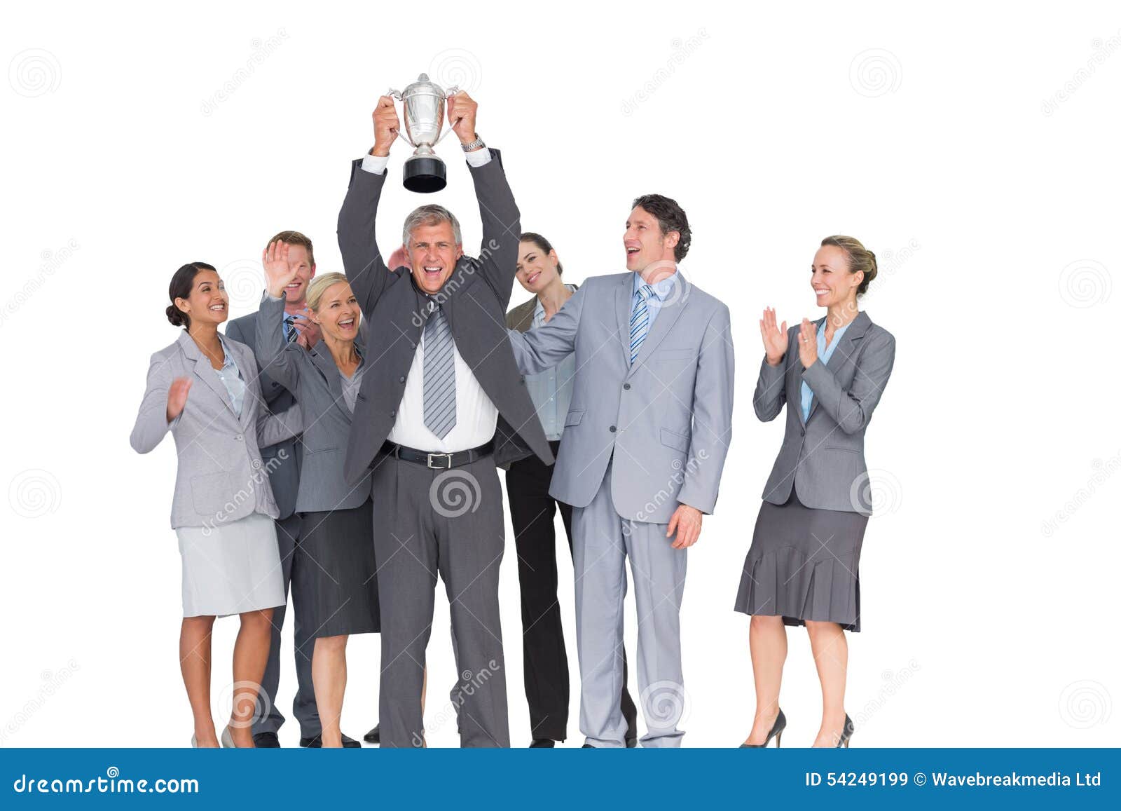 Excited Business Team Cheering at Camera with Trophy Stock Image ...