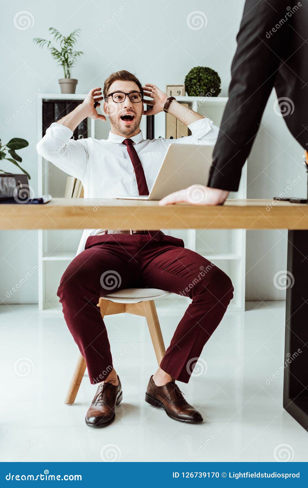 Excited Businessman Talking with Boss at Workplace Stock Photo - Image ...