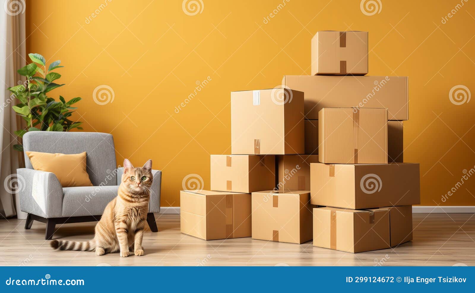 Excited Cat Exploring New Home in Donation Concept, Surrounded by Stack ...