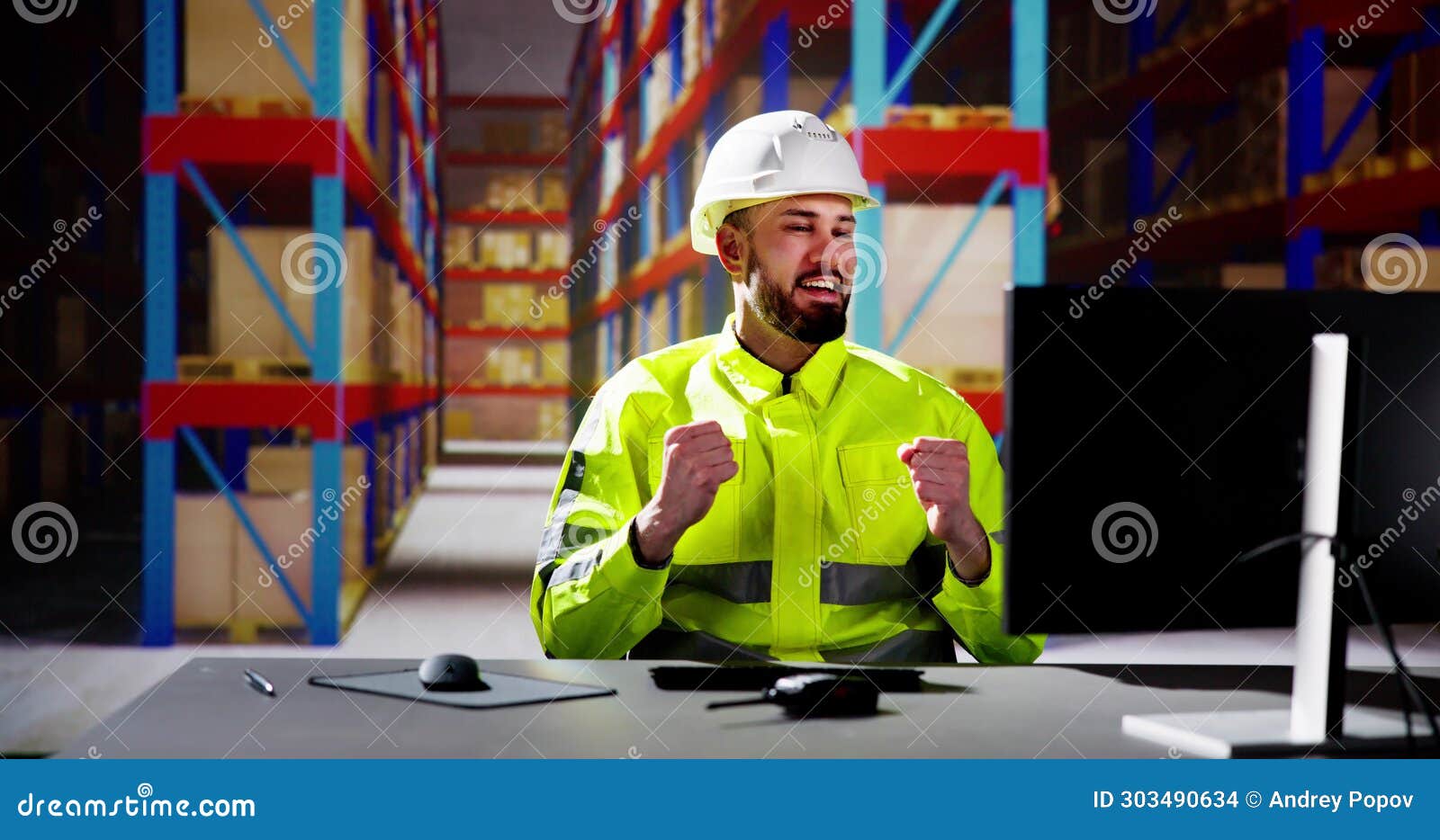 Excited Cheering Engineer Using PC Stock Photo - Image of cheering ...
