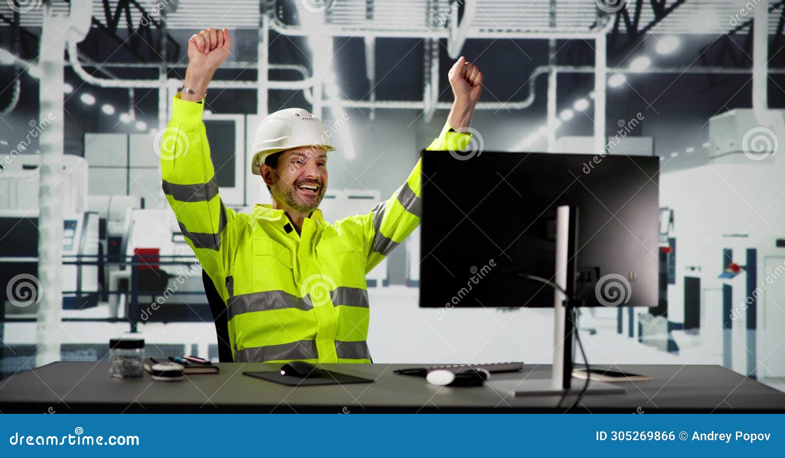 Excited Cheering Engineer Using PC Stock Photo - Image of helmet ...