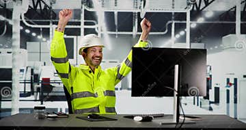 Excited Cheering Engineer Using PC Stock Photo - Image of helmet ...