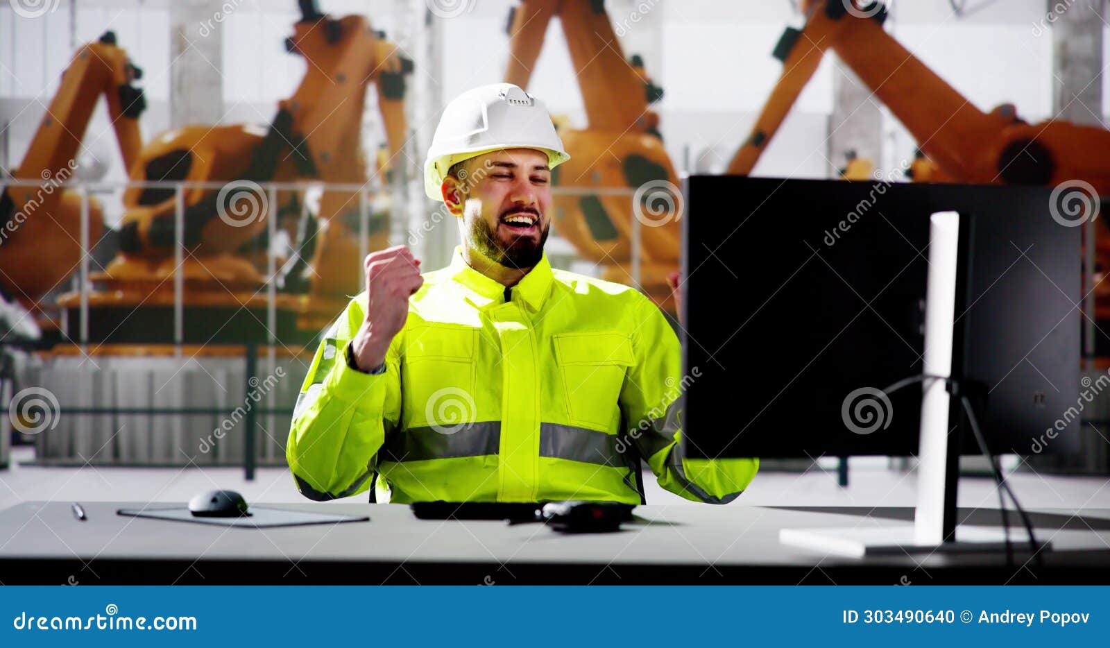 Excited Cheering Engineer Using PC Stock Photo - Image of engineer ...