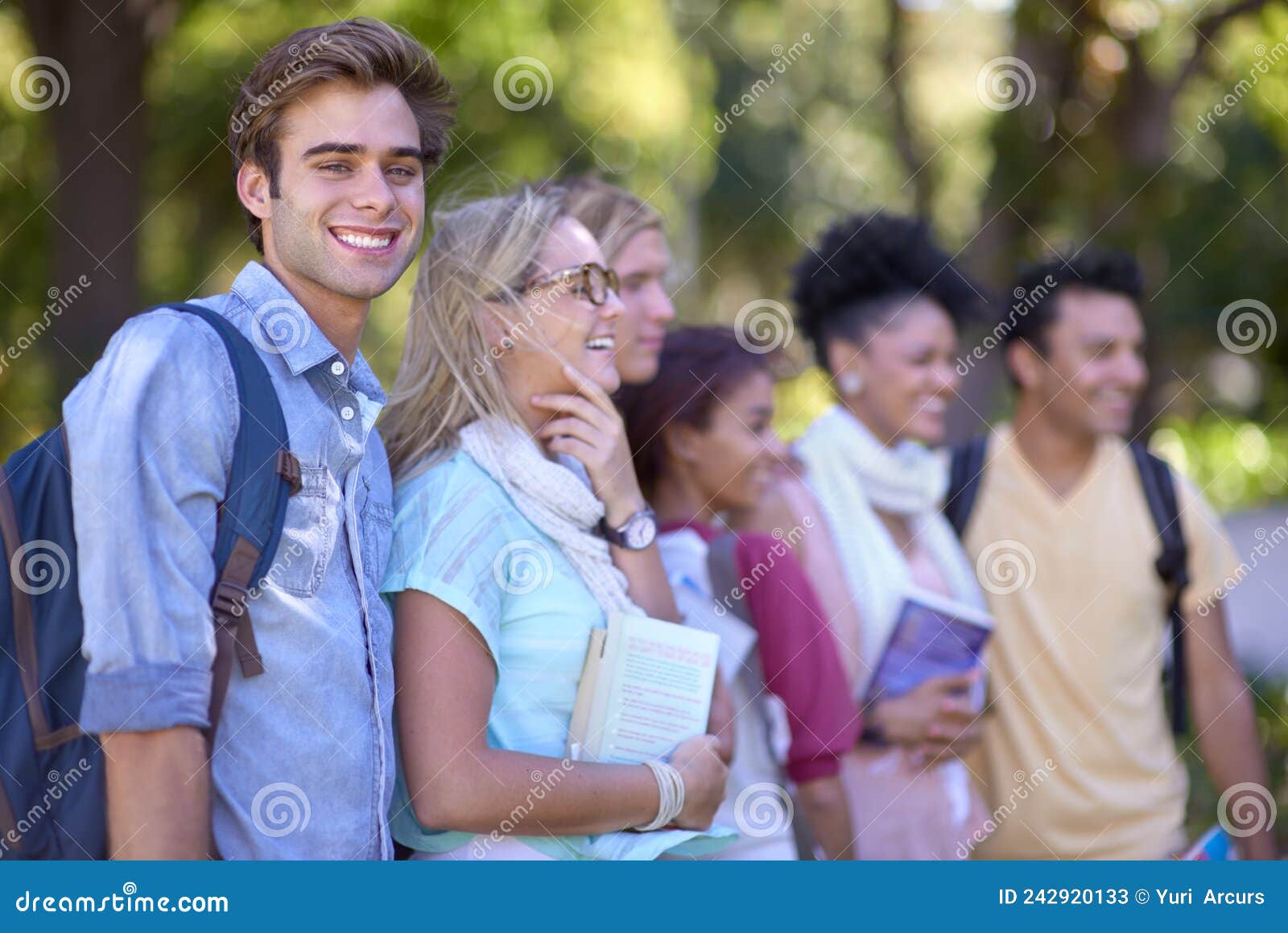 Excited about College. a Group of Students Standing in a Line on Campus ...