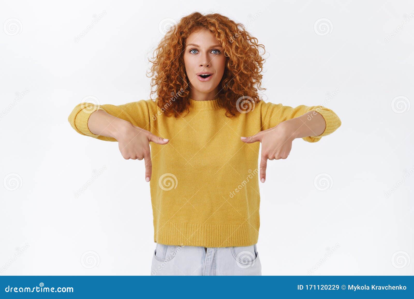 Excited Curious Redhead Female With Curly Hair Wear Yellow Sweater