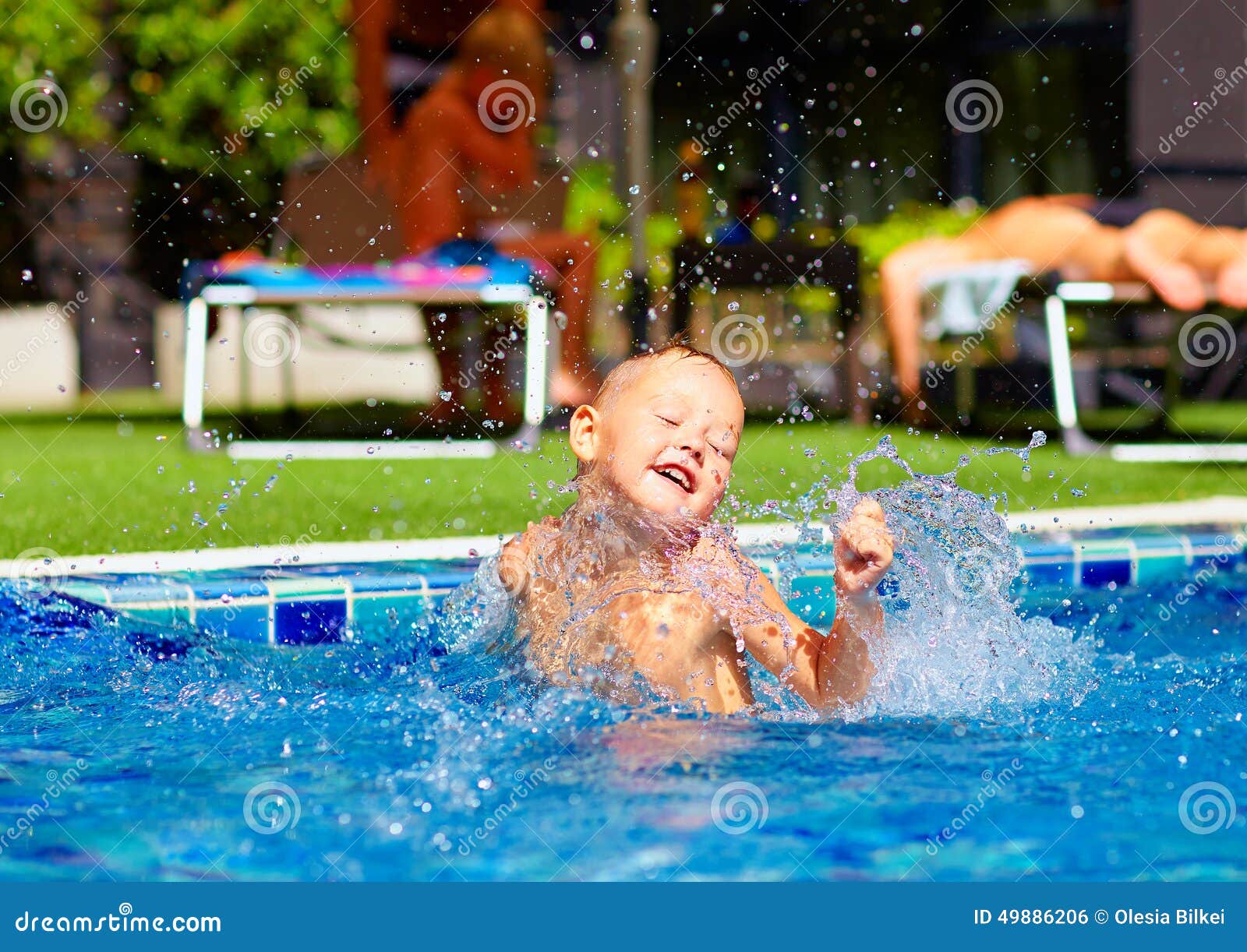 Excited Cute Boy Having Fun in Pool Stock Photo - Image of life, joyful ...