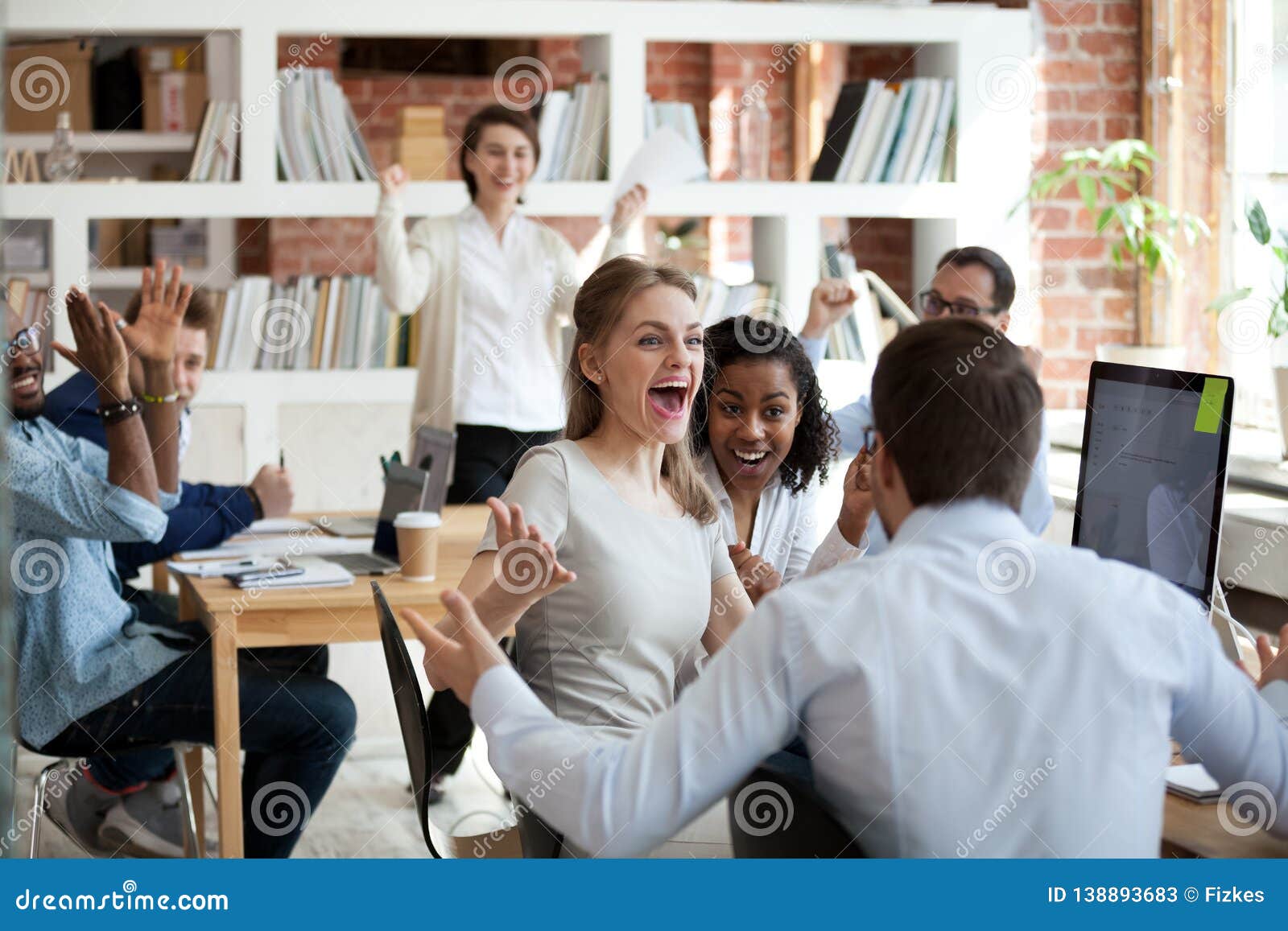 Excited Diverse Business Team Employees Screaming Celebrating Good News ... Excited Diverse Business Team Employees Screaming Celebrating Good News ...