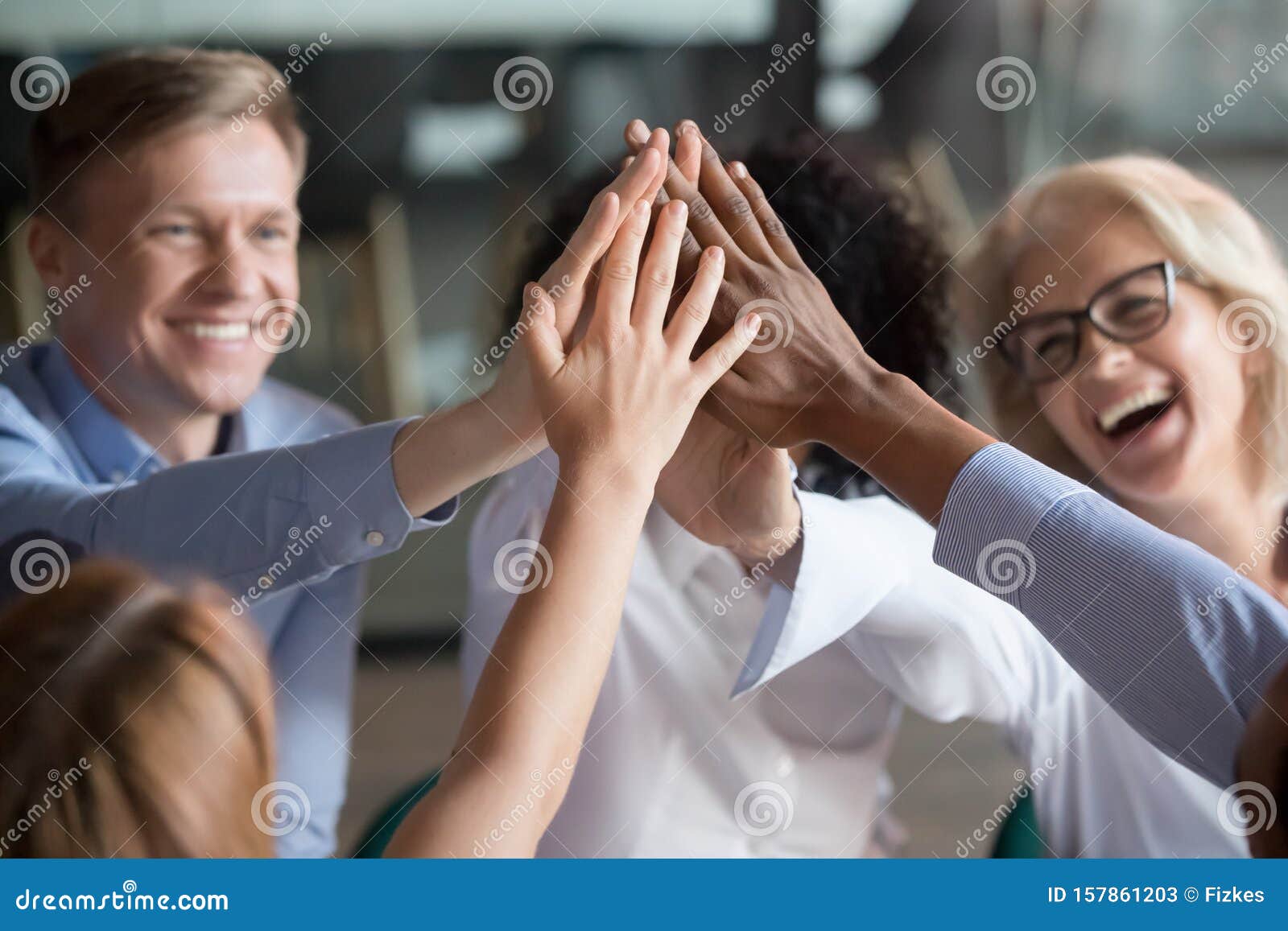 Excited Diverse Employees Give High Five Motivated for Success Stock ... Excited Diverse Employees Give High Five Motivated for Success Stock ...