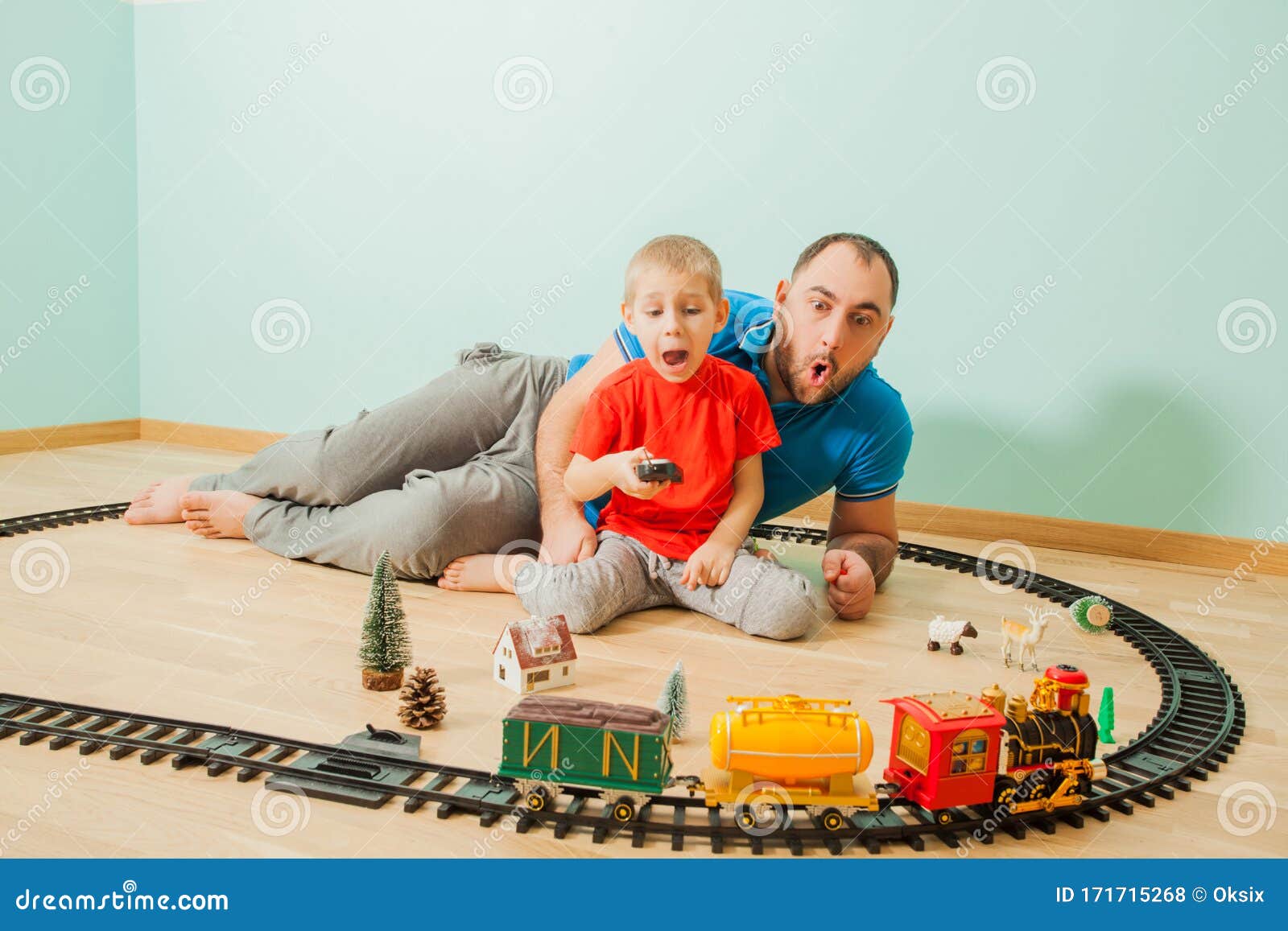 Excited Father and Child Playing with Train Stock Photo - Image of ...