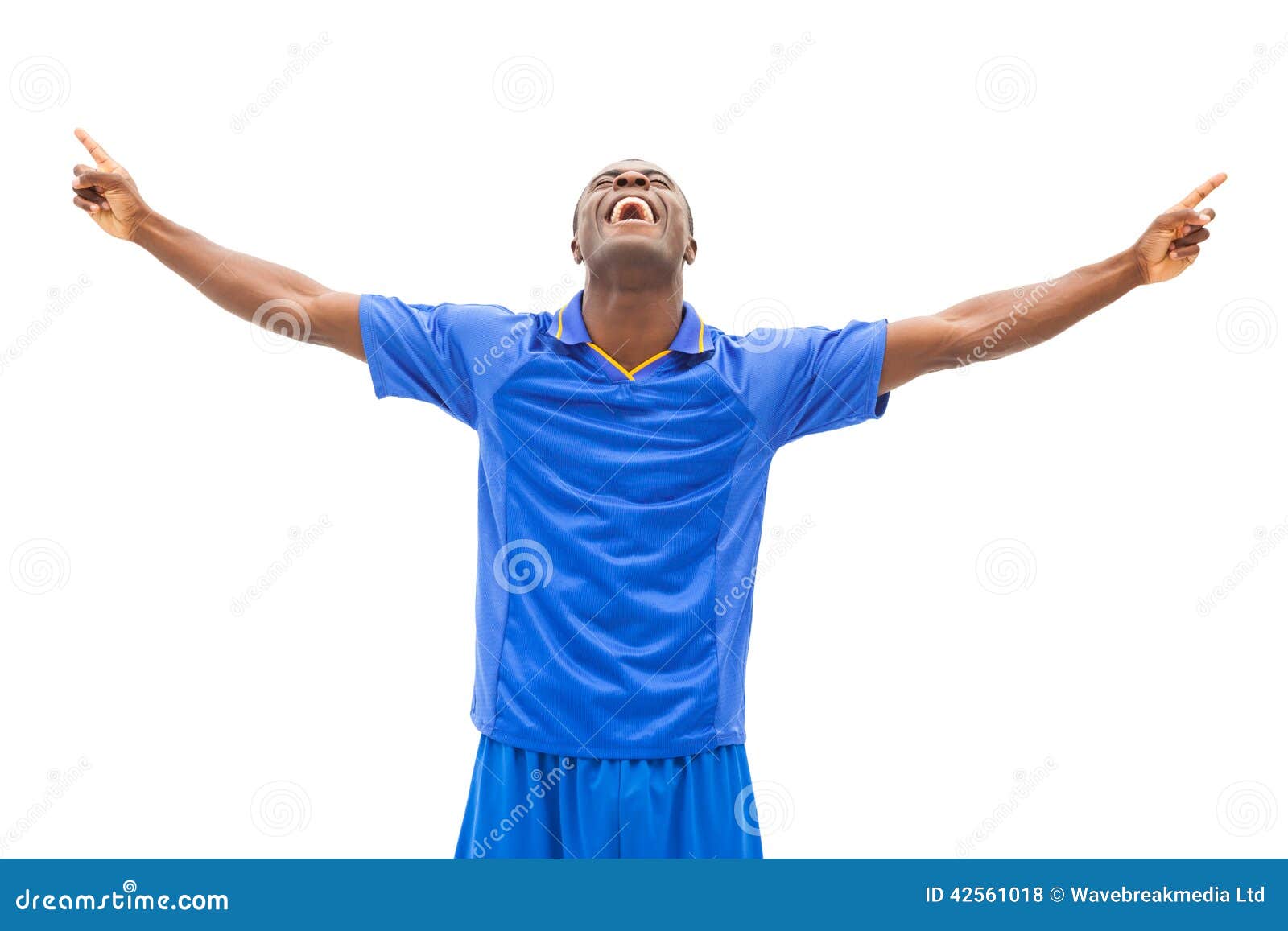 Excited Football Player in Blue Cheering Stock Photo - Image of ...