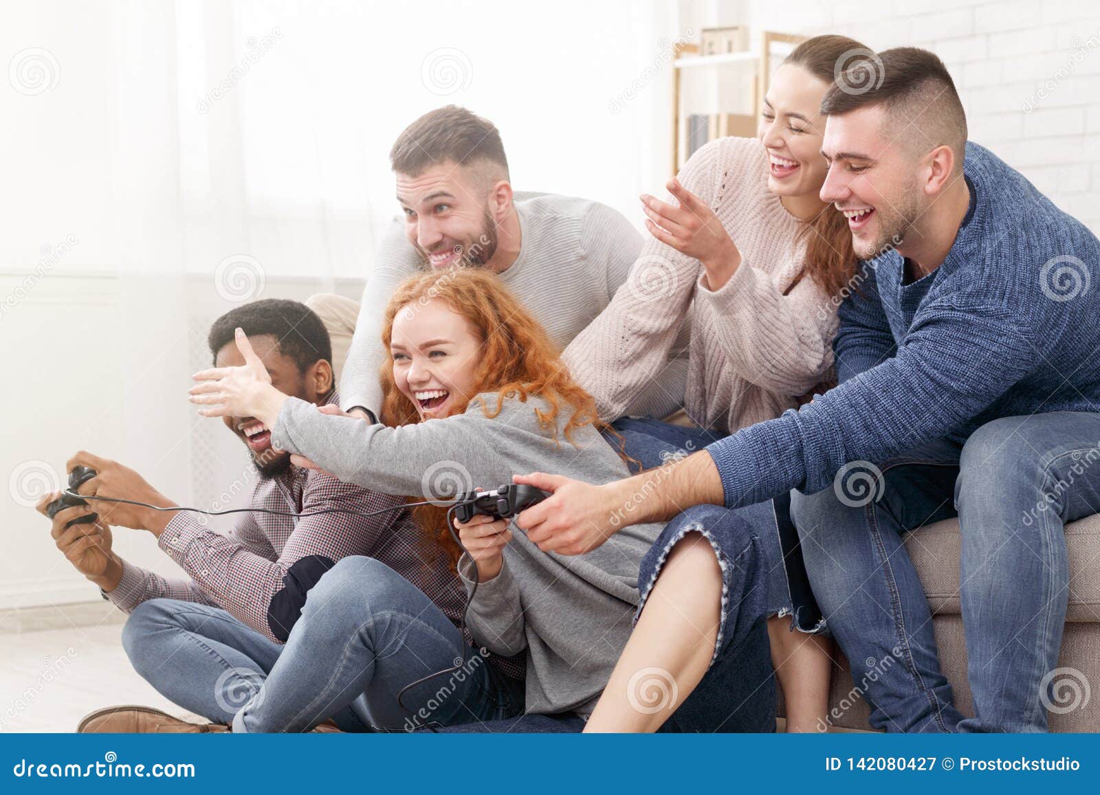 Excited Friends Playing Video Games Together Having Fun Stock Image Image Of Multiracial 4816