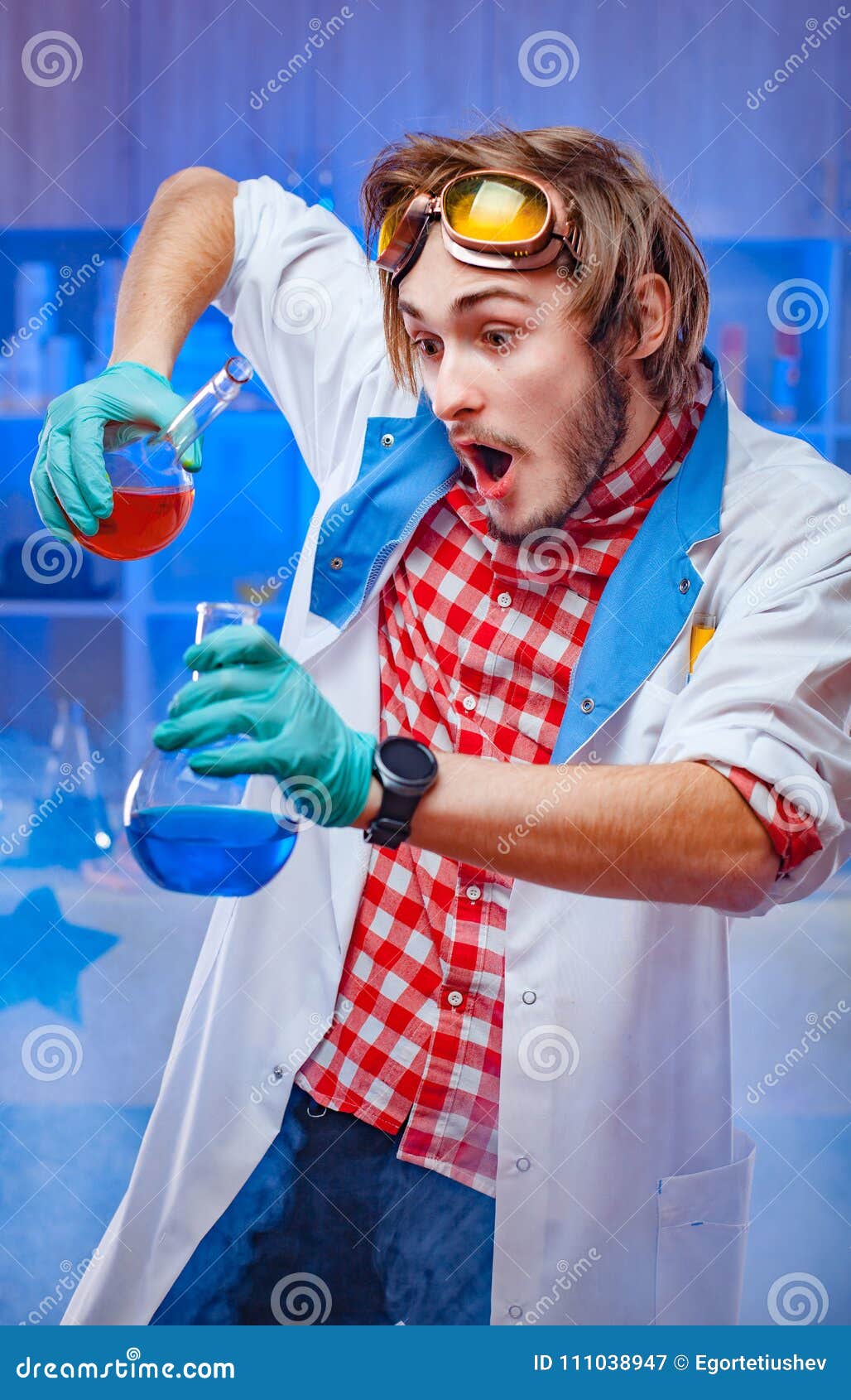 Excited Funny Professor with Flasks Stock Image - Image of chemist ...