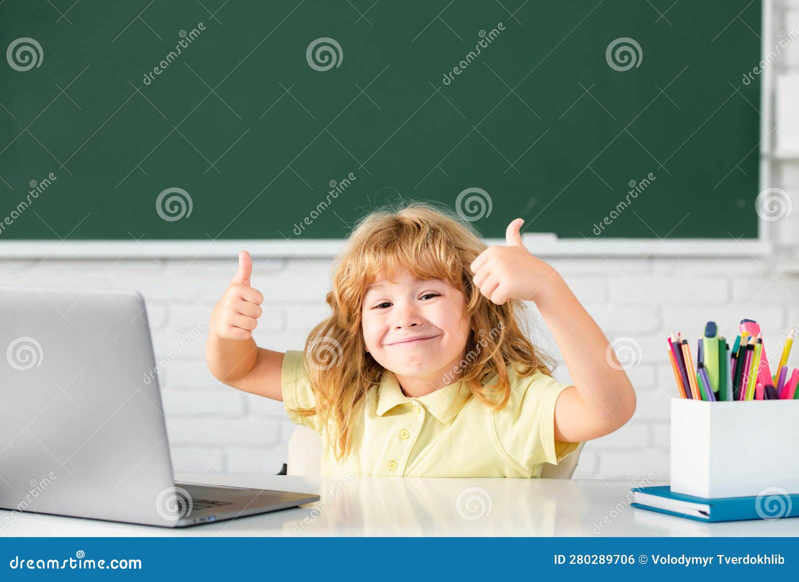 Excited Kid Boy Face with Thumbs Up Learning Lesson at School, Making ...