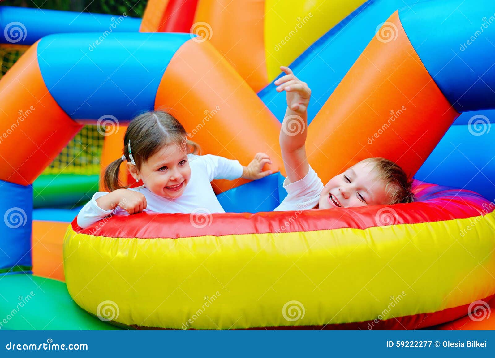 Excited Kids Having Fun on Inflatable Attraction Playground Stock Image ...