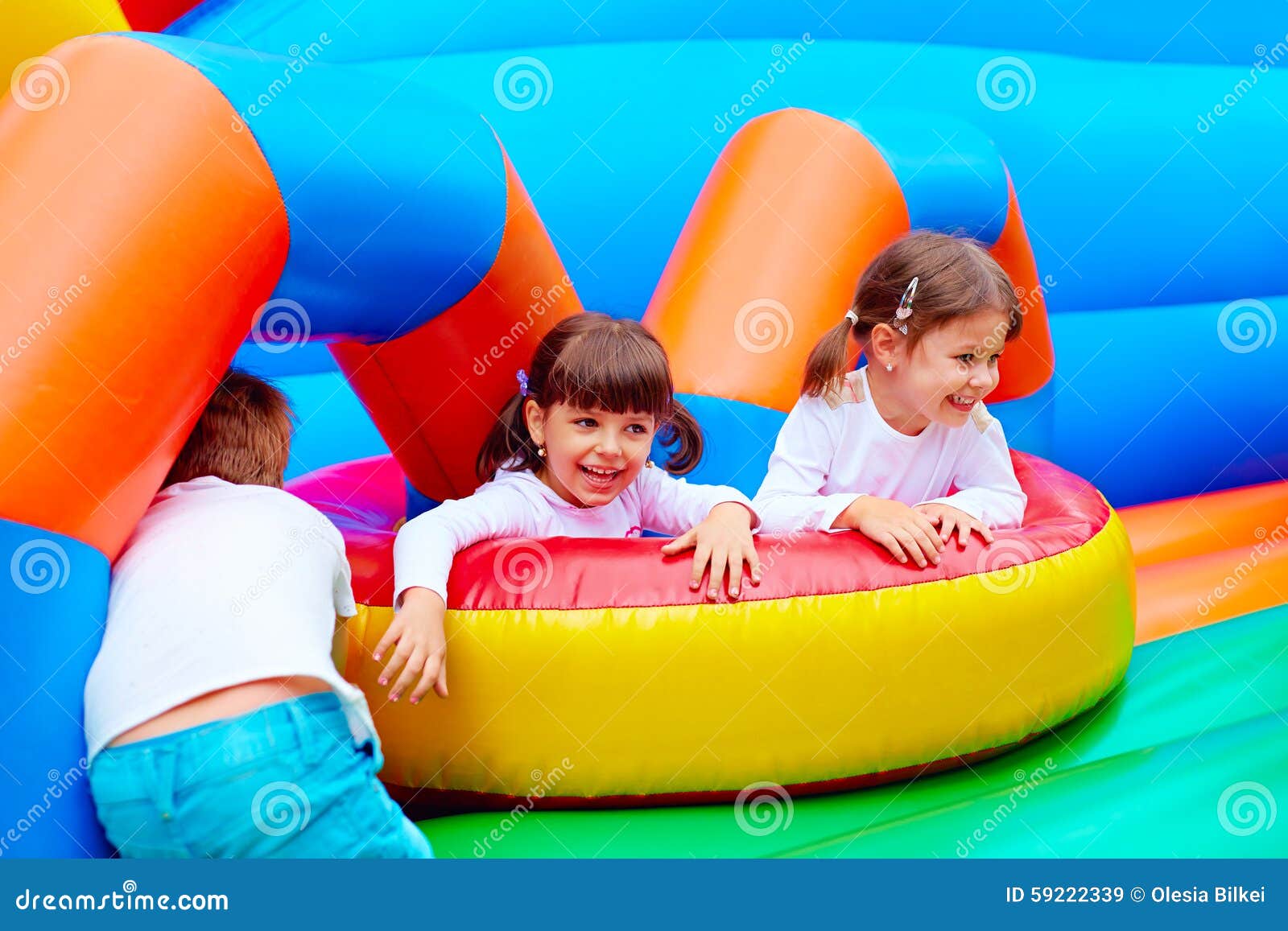 Excited Kids Having Fun on Inflatable Attraction Playground Stock Image ...