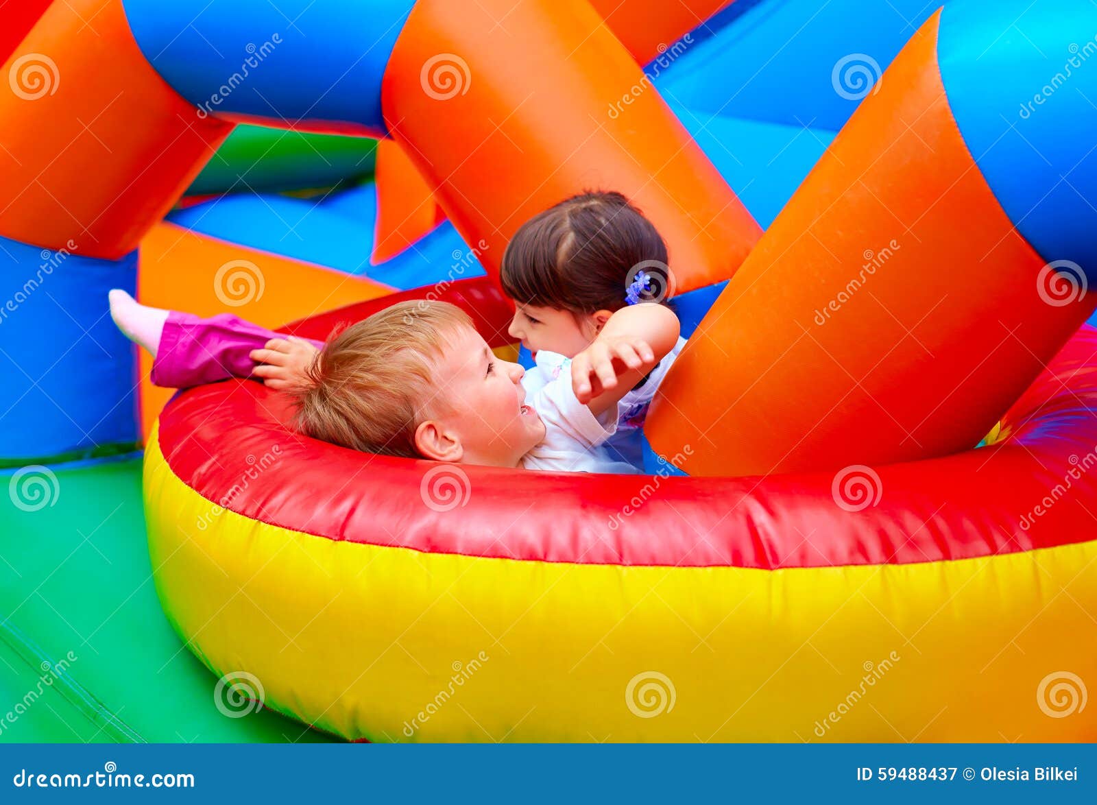 Excited Kids Having Fun on Inflatable Attraction Playground Stock Image ...