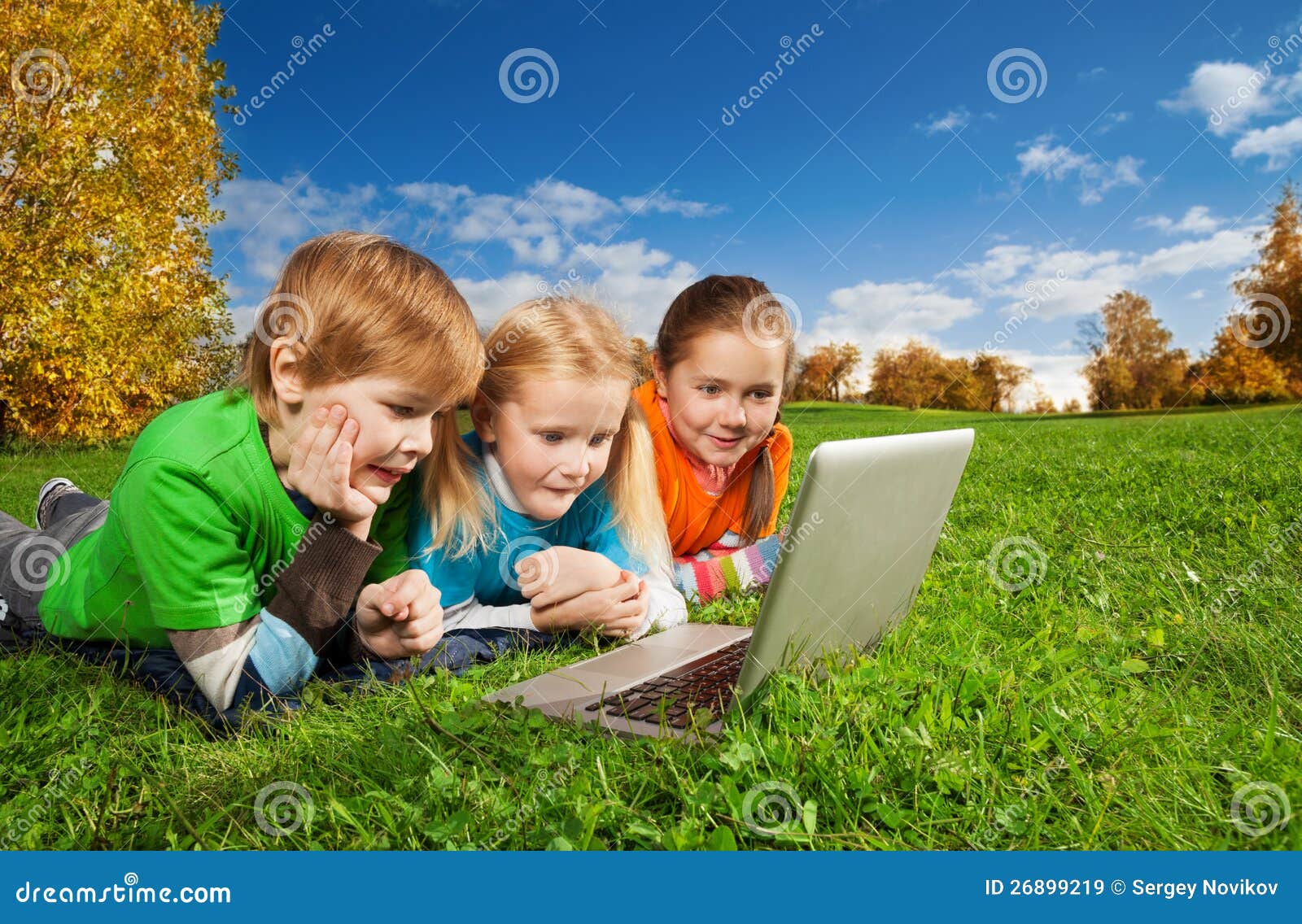 Excited Kids with Laptop in Park Stock Image - Image of child, laptop ...
