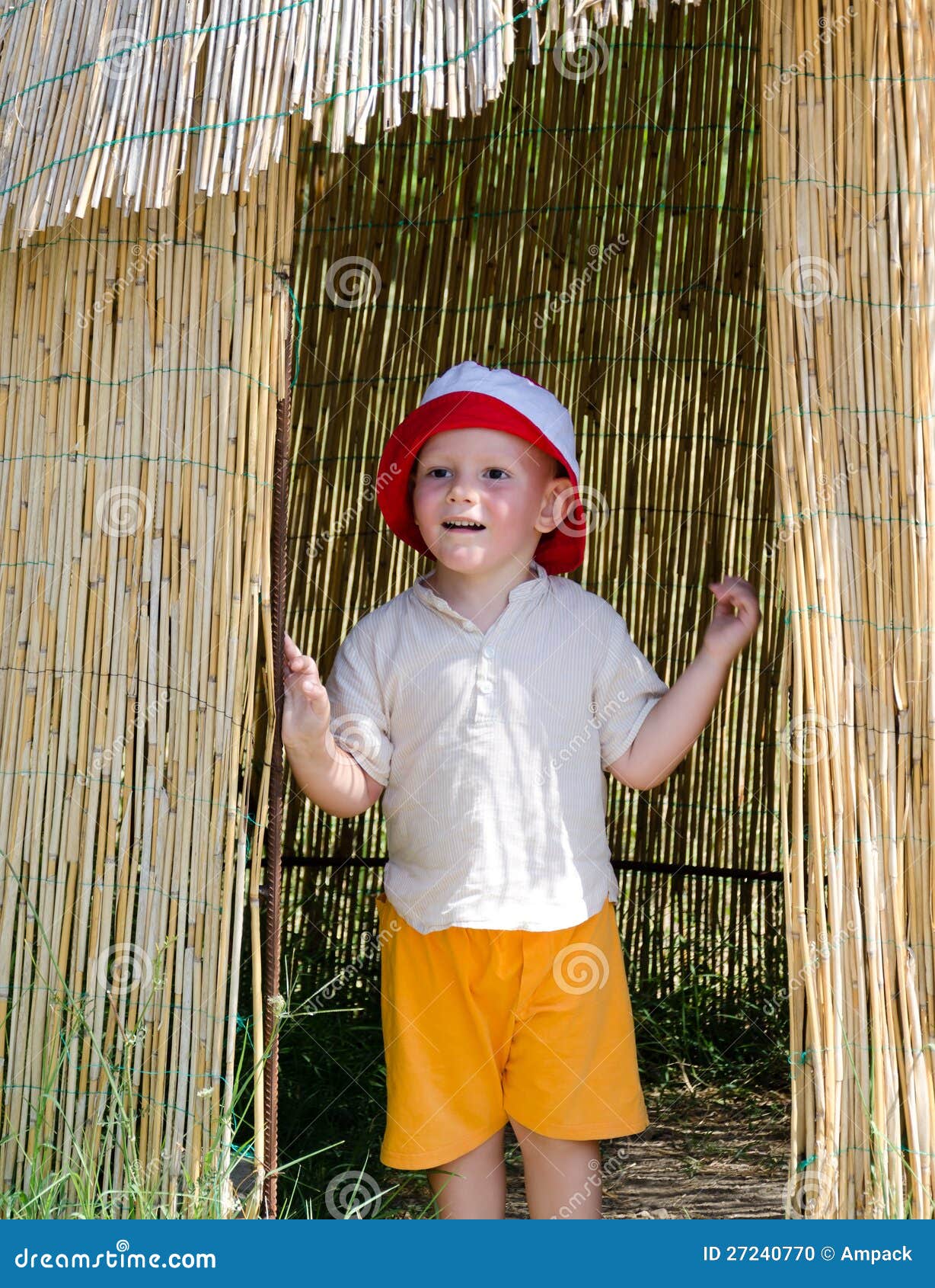 Excited Little Boy in a Reed Hut Stock Photo - Image of small, animated ...