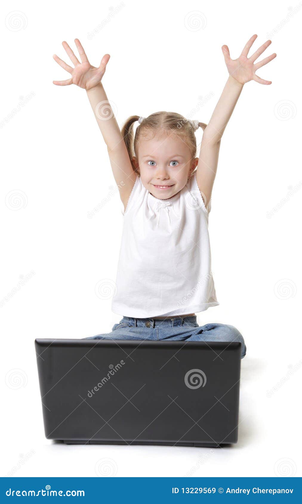 Excited Little Girl with a Computer Stock Image - Image of offspring ...