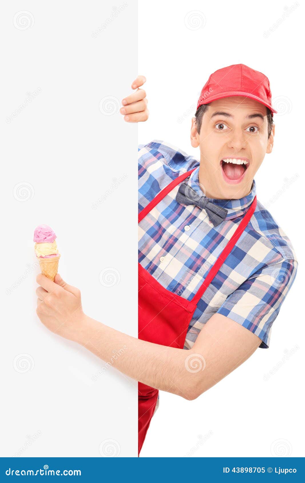 Excited Male Ice Cream Vendor Posing Behind a Panel Stock Image - Image ...