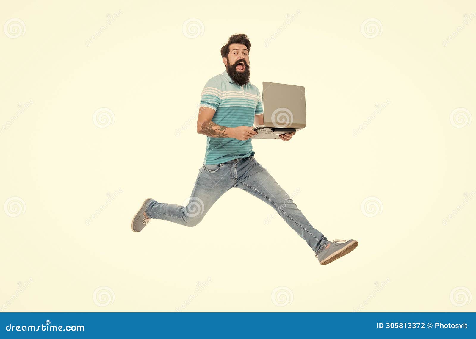 Excited Man Midair Isolated on White. Bearded Man Jumping with Laptop ...