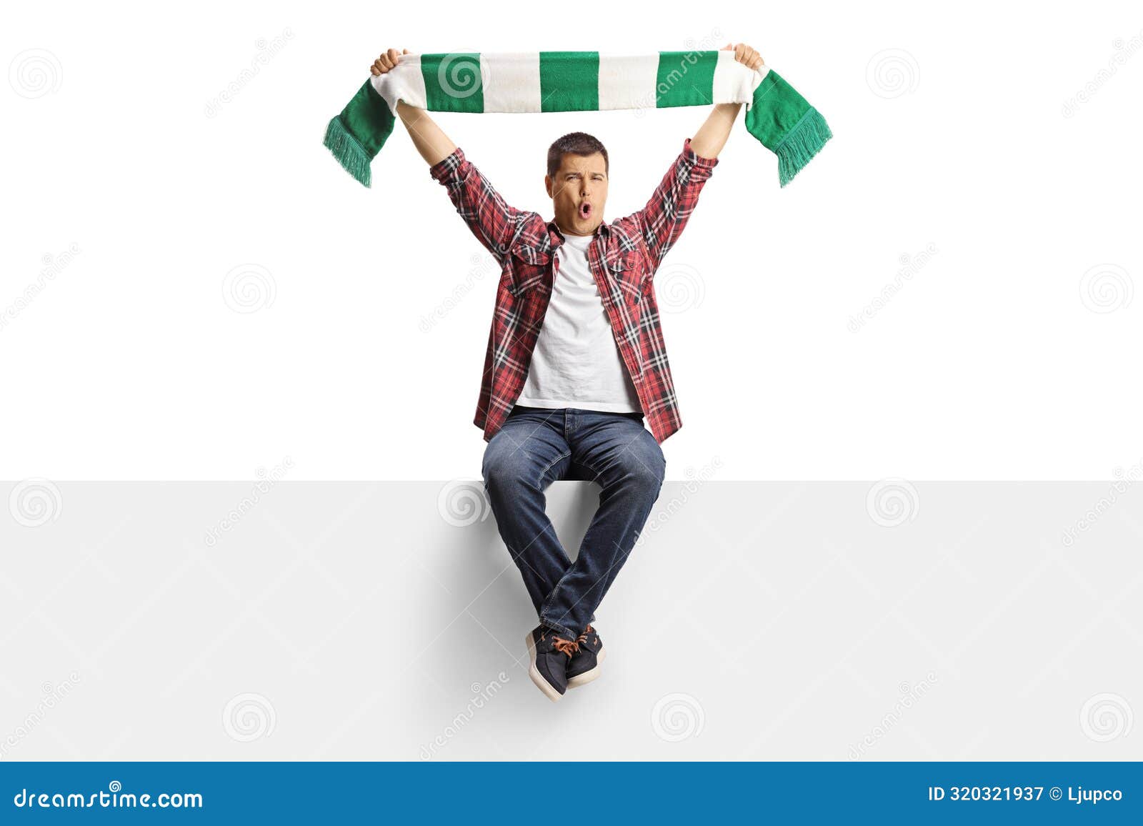 Excited Man Sitting on a Panel and Cheering with a Scarf Stock Image ...