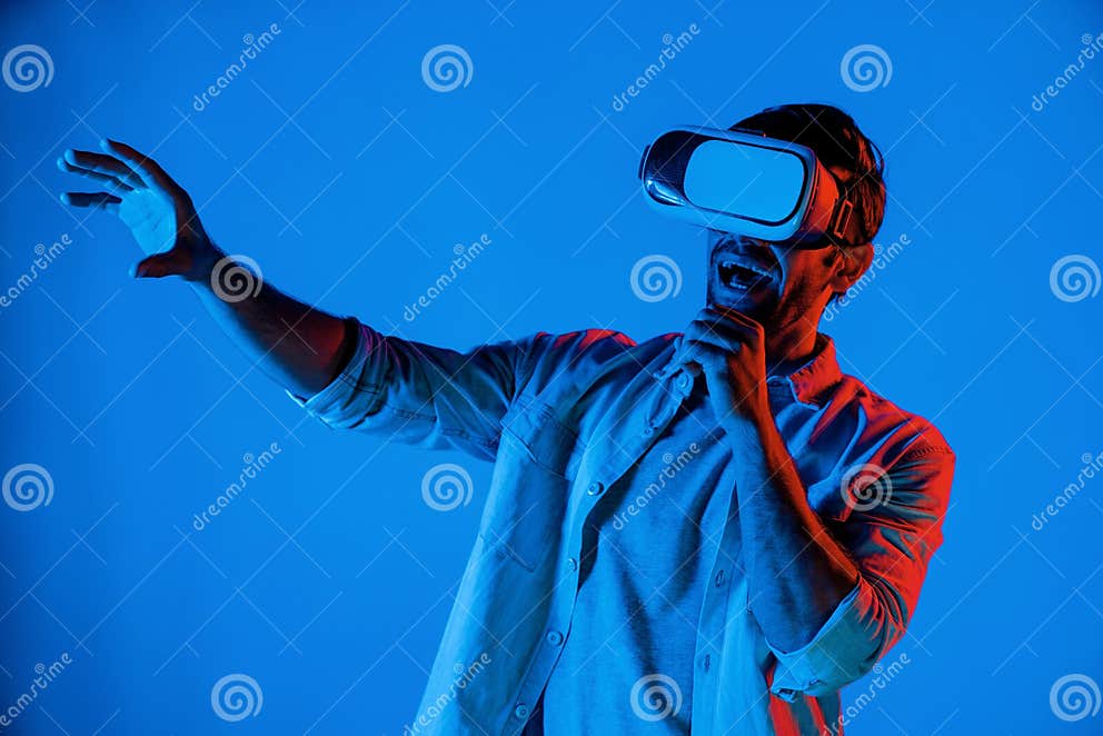 Excited Man Wear VR Goggle To Explore and Enter in Virtual Program ...