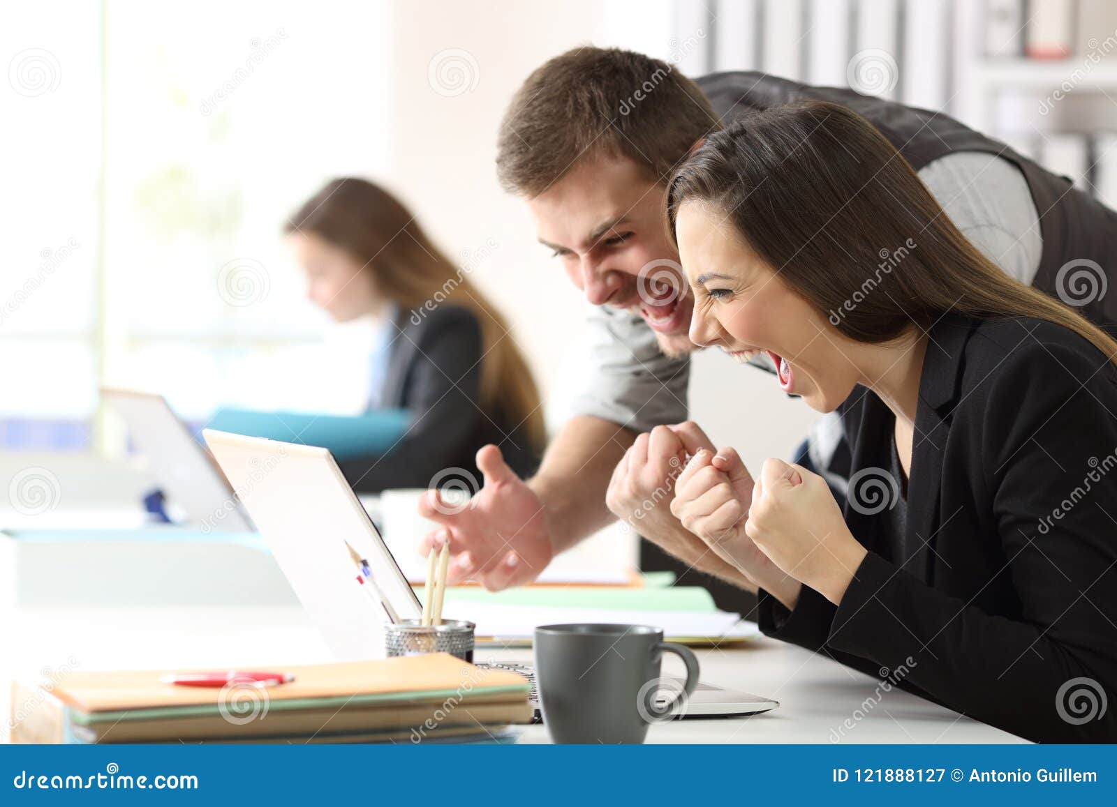 Excited Office Workers Checking Online Content Stock Image - Image of ...