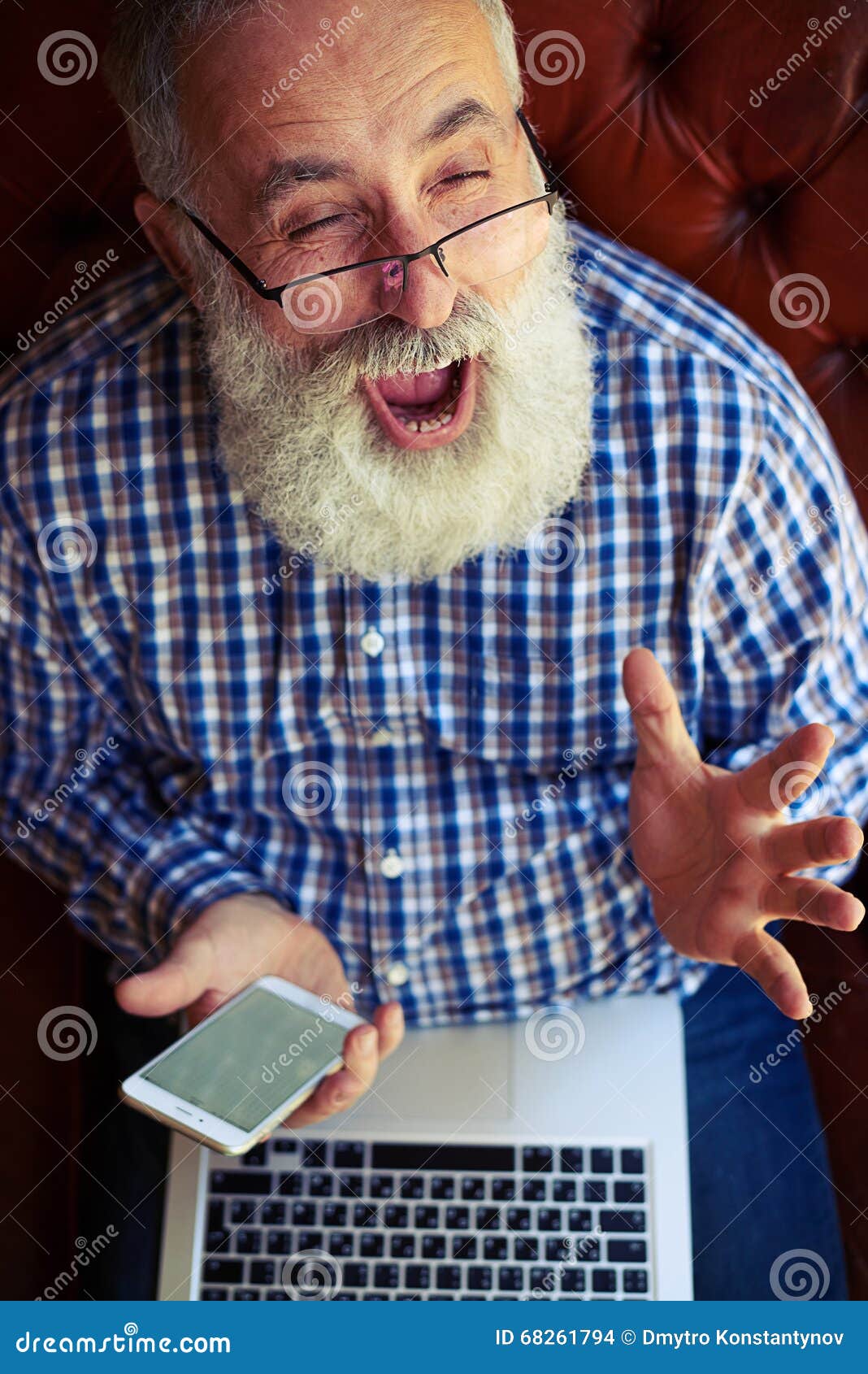 Excited Old Man with Laptop and Smartphone Stock Photo - Image of ...