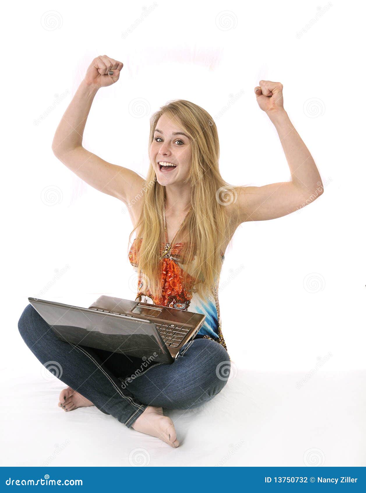 Excited Pretty Young Woman with Computer Stock Photo - Image of chat ...