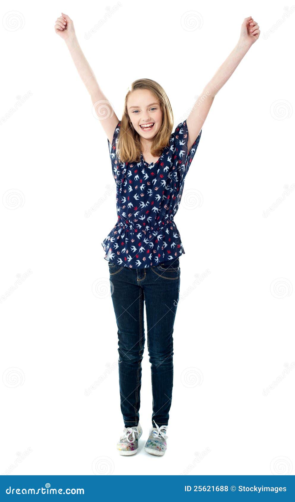 Excited School Girl with Raised Arms Stock Photo - Image of excitement ...