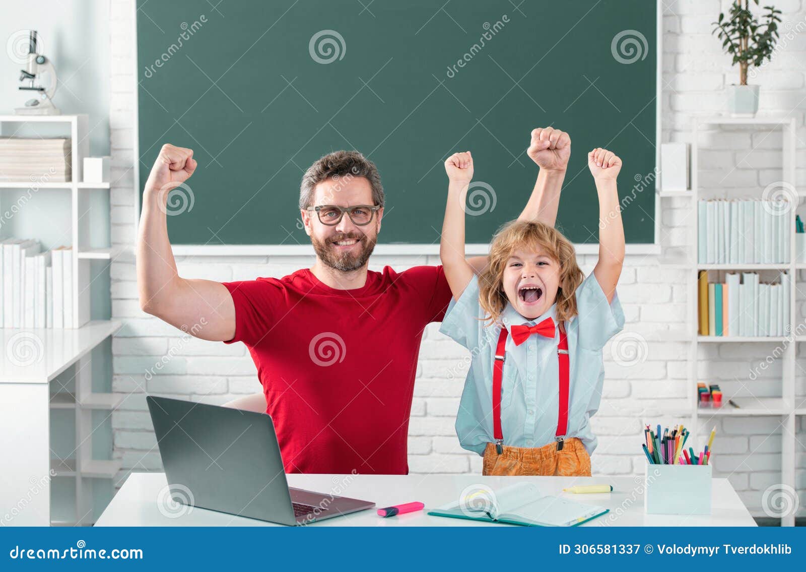 Excited School Kid and Teacher Learning Study in Class. Education and ...
