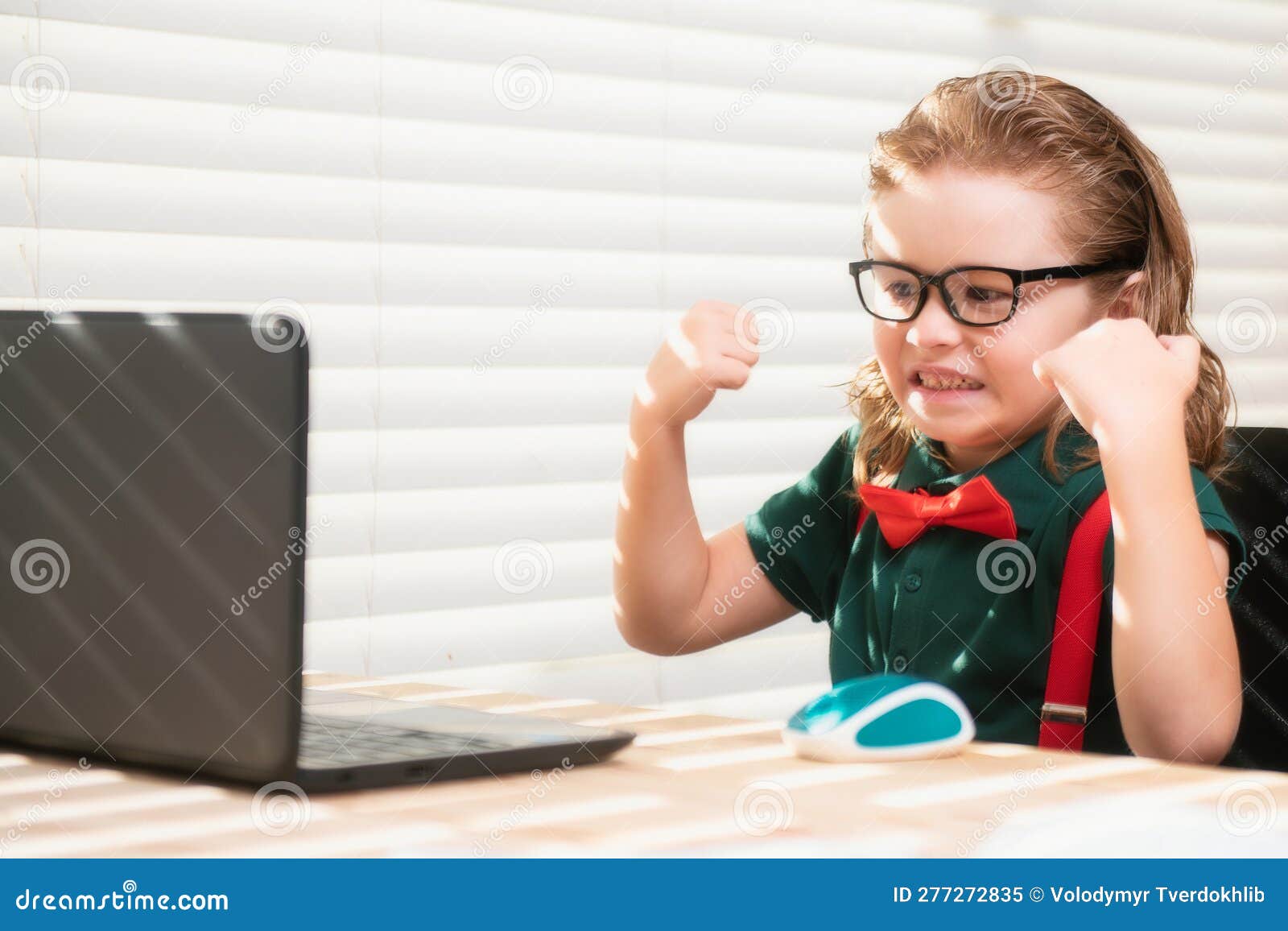 Excited Schoolboy Using a Laptop and Study Online Lesson. Pupil at ...