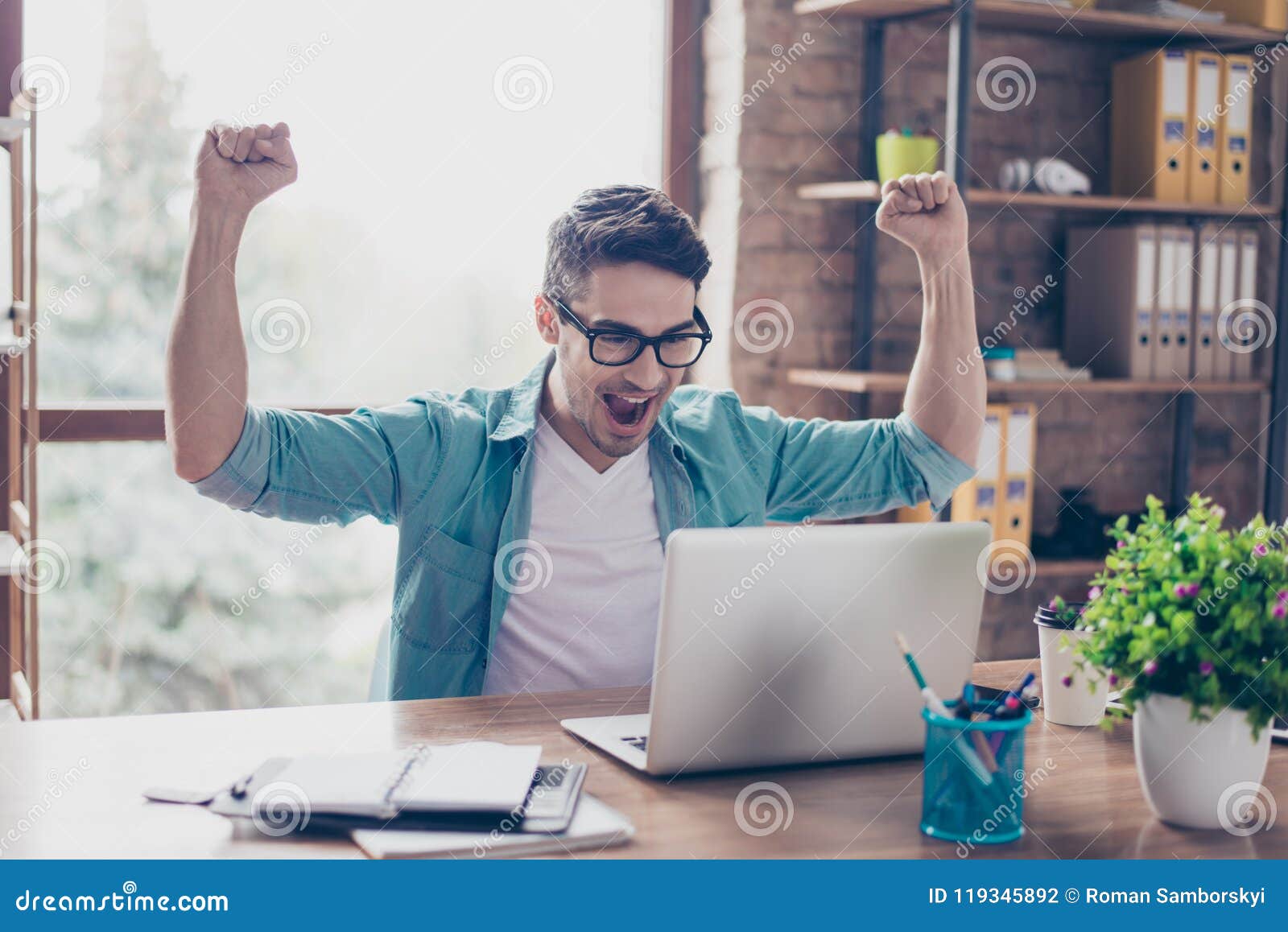 Excited Screaming Young Man Looking at the Screen of His Compute Stock ...