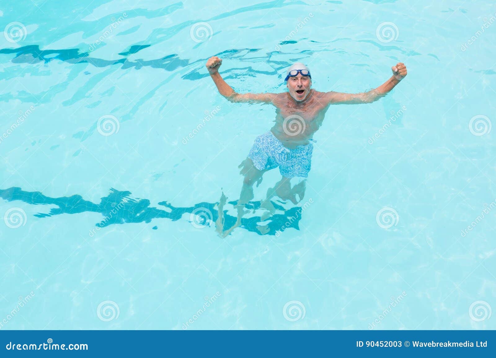 Excited Senior Man Standing in Swimming Pool Stock Image - Image of ...