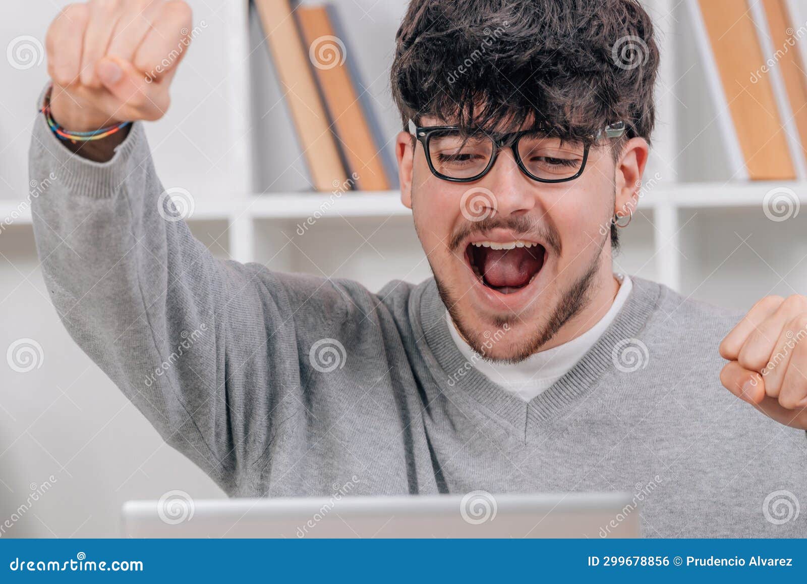 Excited Student at Computer Celebrating Stock Photo - Image of ...